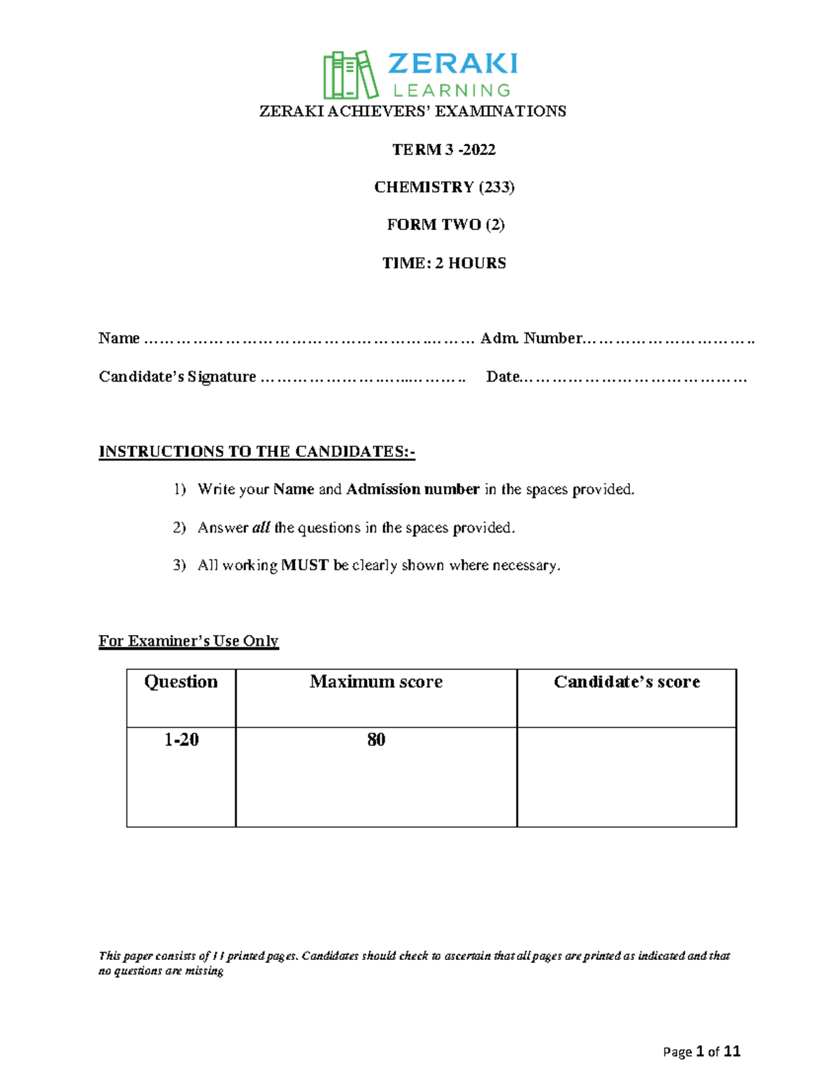 Chemistry Form 2 - Term 3 Exam Paper (233) - Studocu