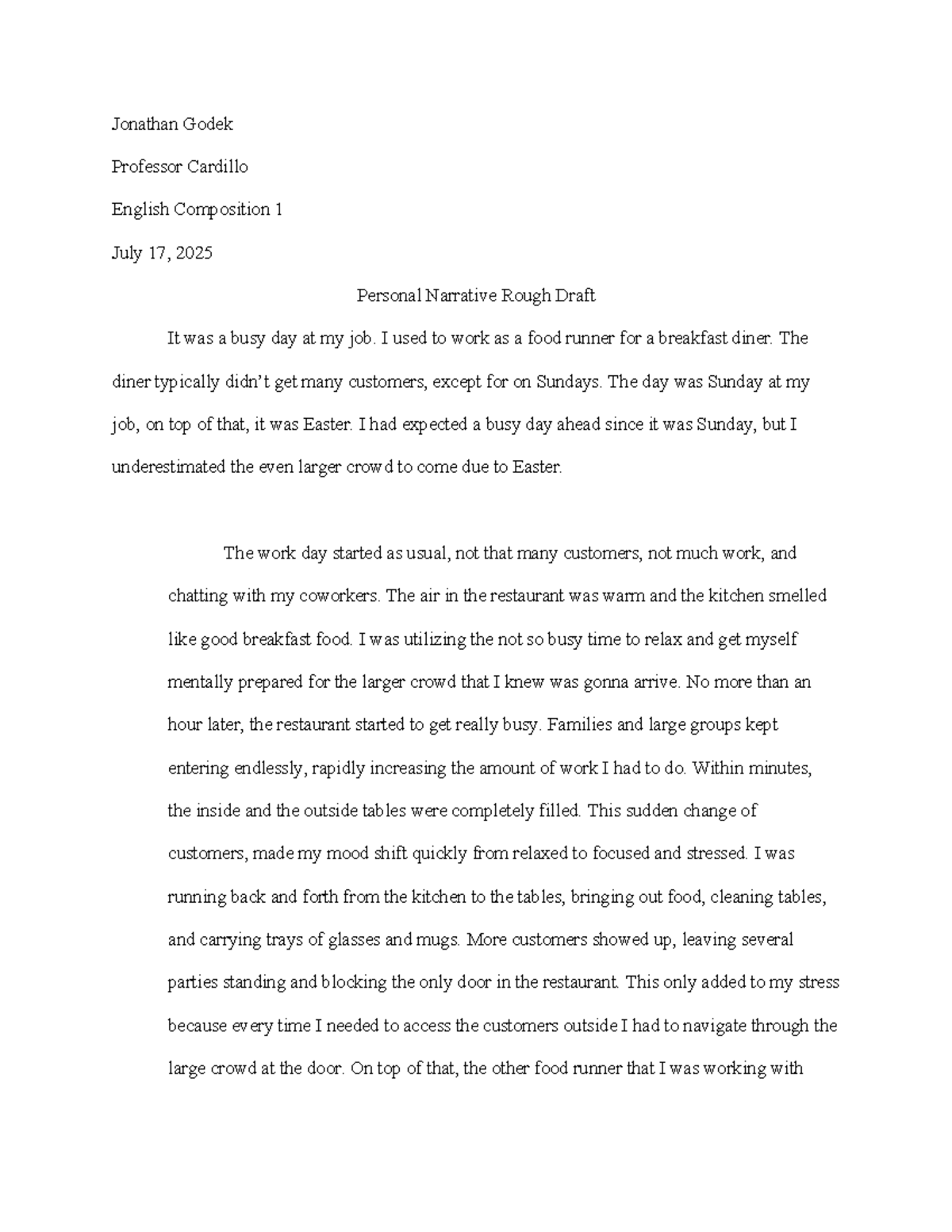 ENG 101 Personal Narrative Rough Draft: A Day at the Diner - Studocu