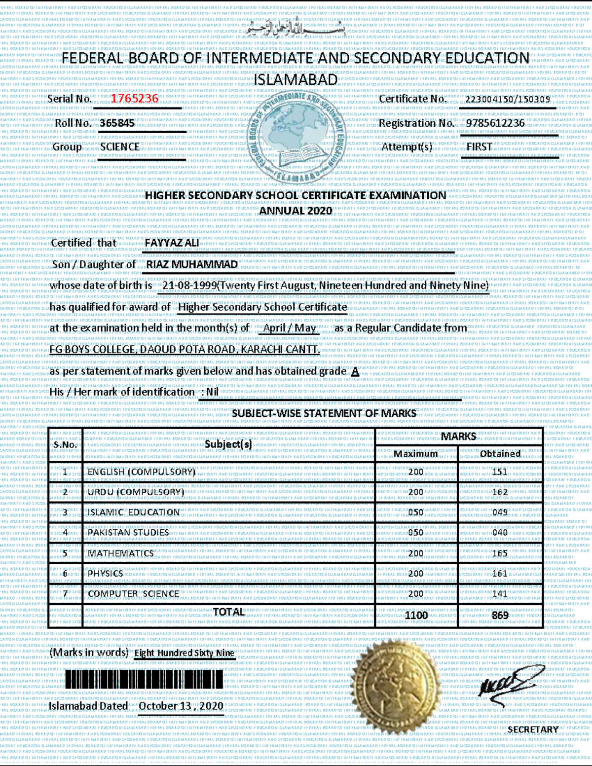 2nd Year Marksheet Analysis - Federal Board Islamabad - Studocu
