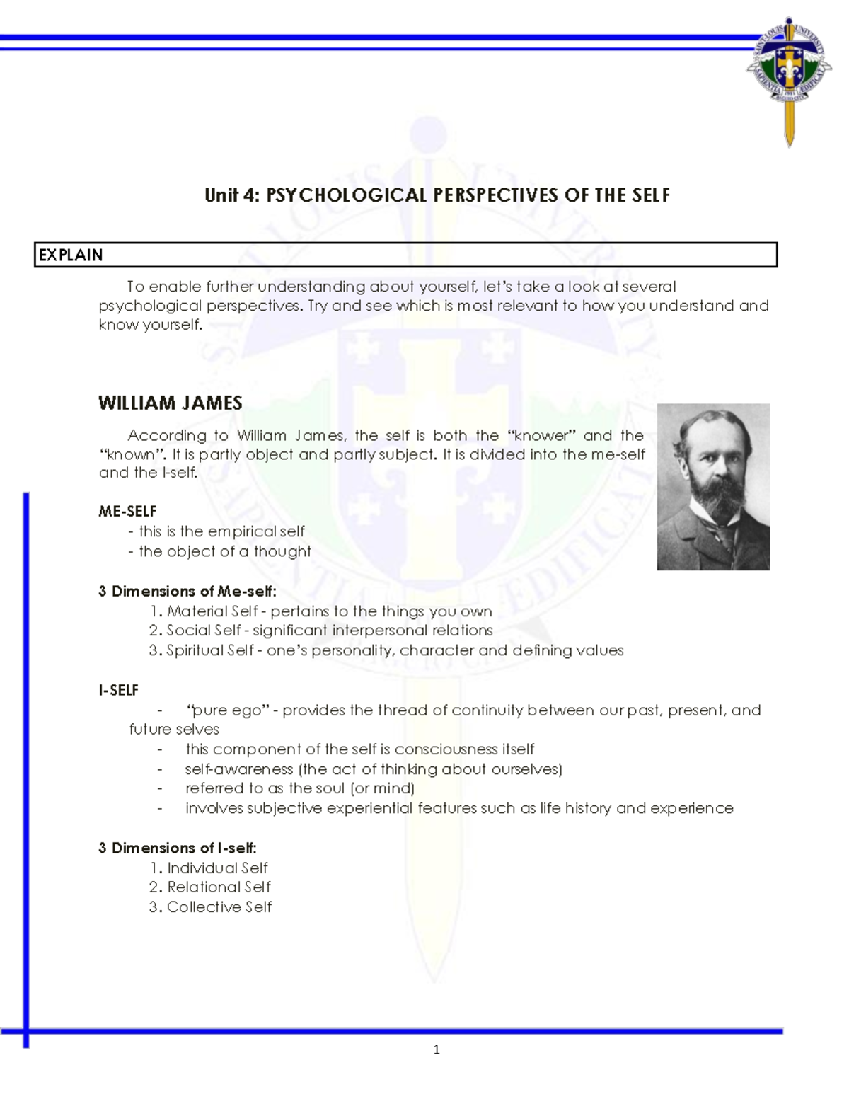 M1 unit 4 handout psycho self 4 - Unit 4: PSYCHOLOGICAL PERSPECTIVES OF THE SELF EXPLAIN To ...