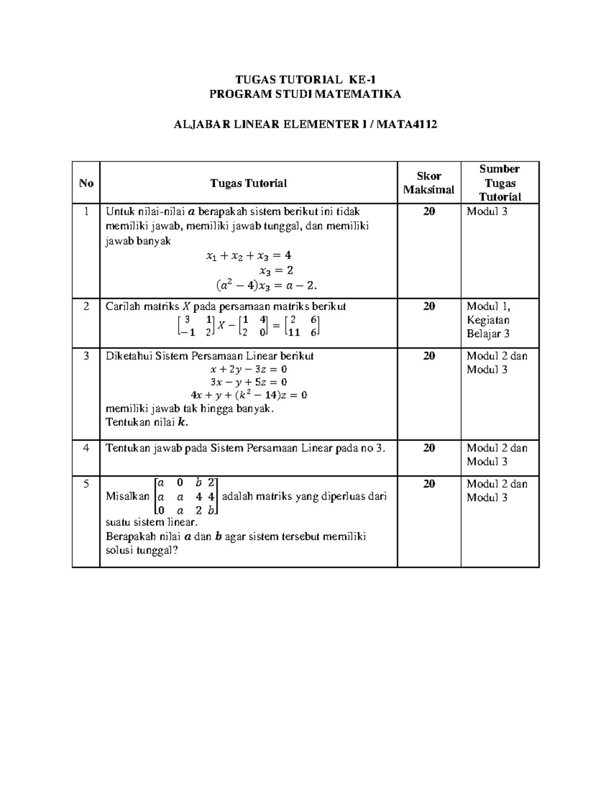 Tugas Tutorial 1 MATA4112: Aljabar Linear Elementer I - Studocu