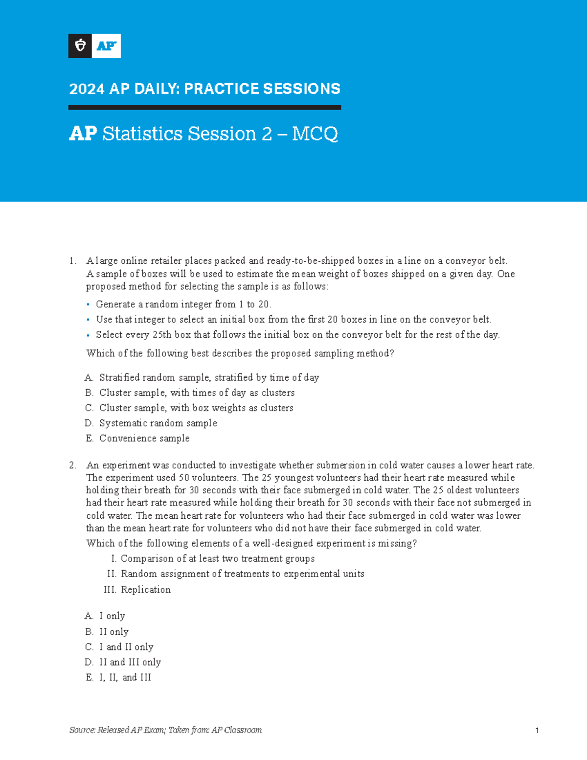 AP Statistics Session 2 MCQ Worksheet - 2024 Exam Practice - Studocu