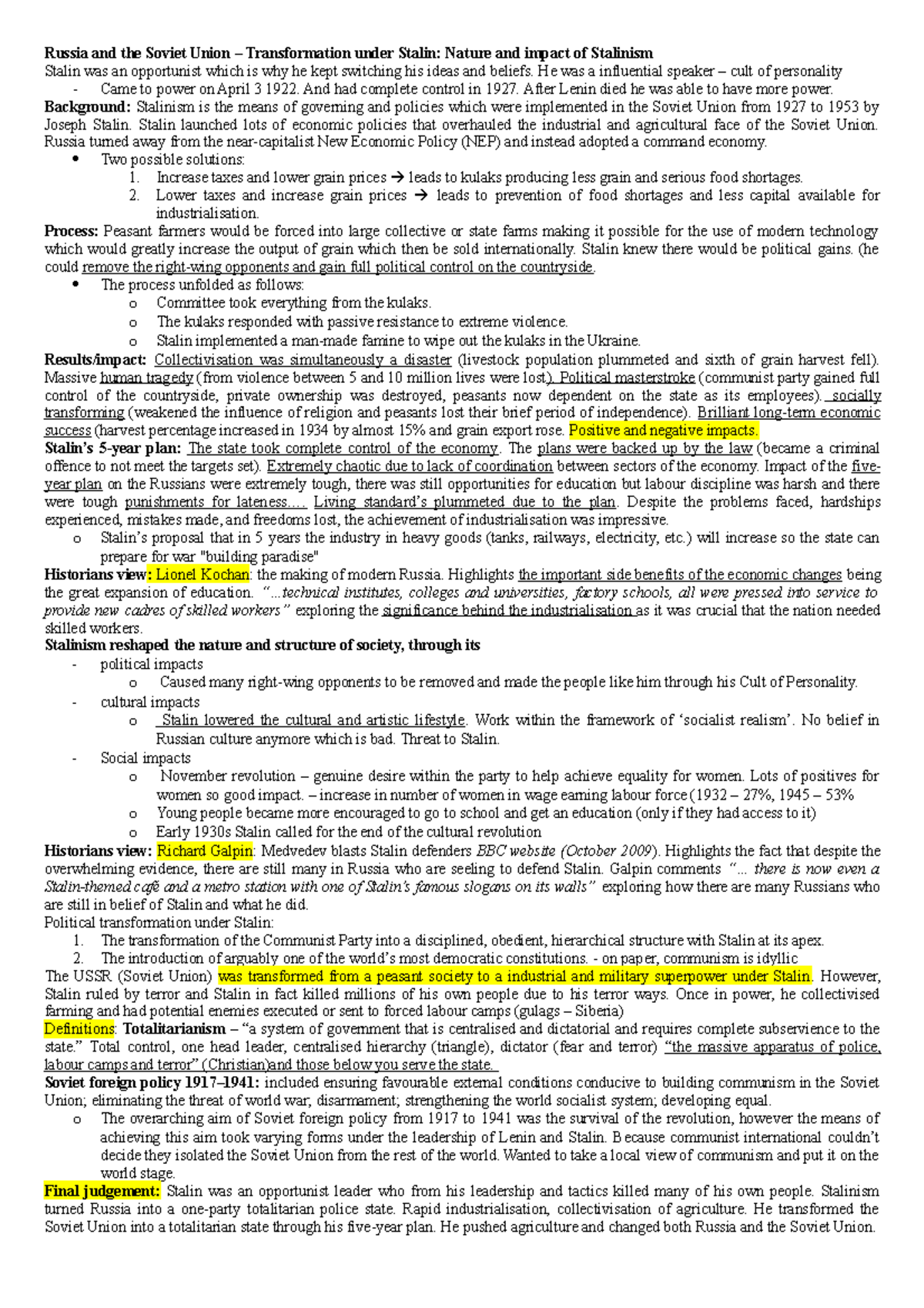 Transformations in Russia and the Soviet Union: Stalin's Impact (HIST ...