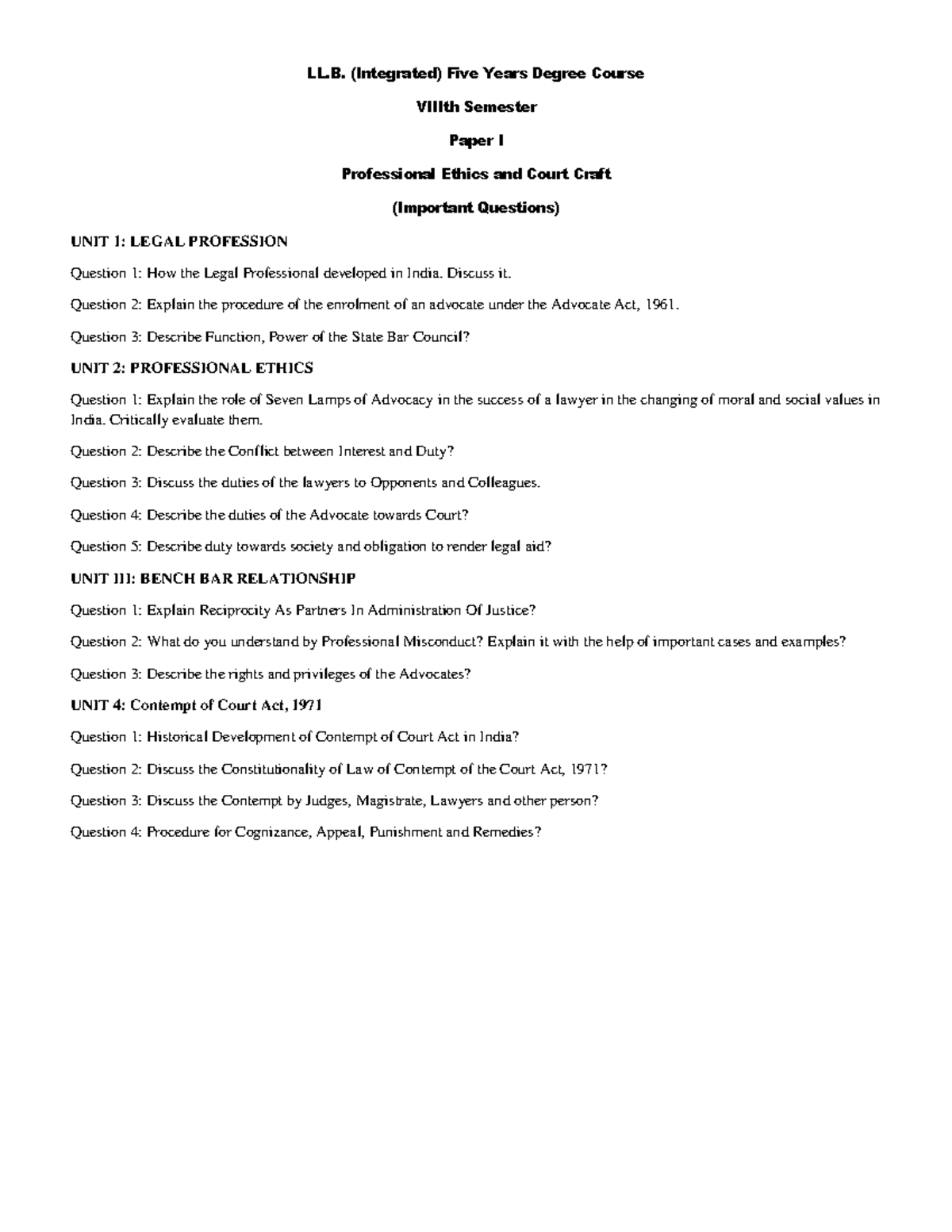 LL.B. (Integrated) 5-Year Course Sem I: Professional Ethics & Court ...