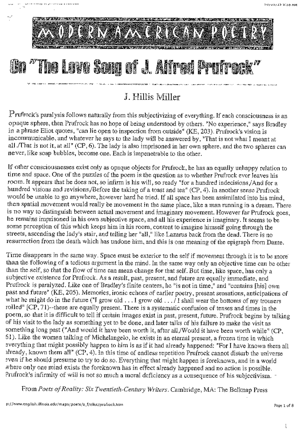 9.58 AM MODERN AMERICAN POETRY: Critical Survey of Prufrock - Studocu