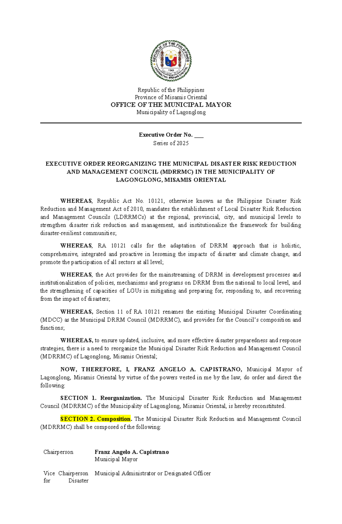 Executive Order No. 6 S. 2025: Reorganization of MDRRMC in Lagonglong ...