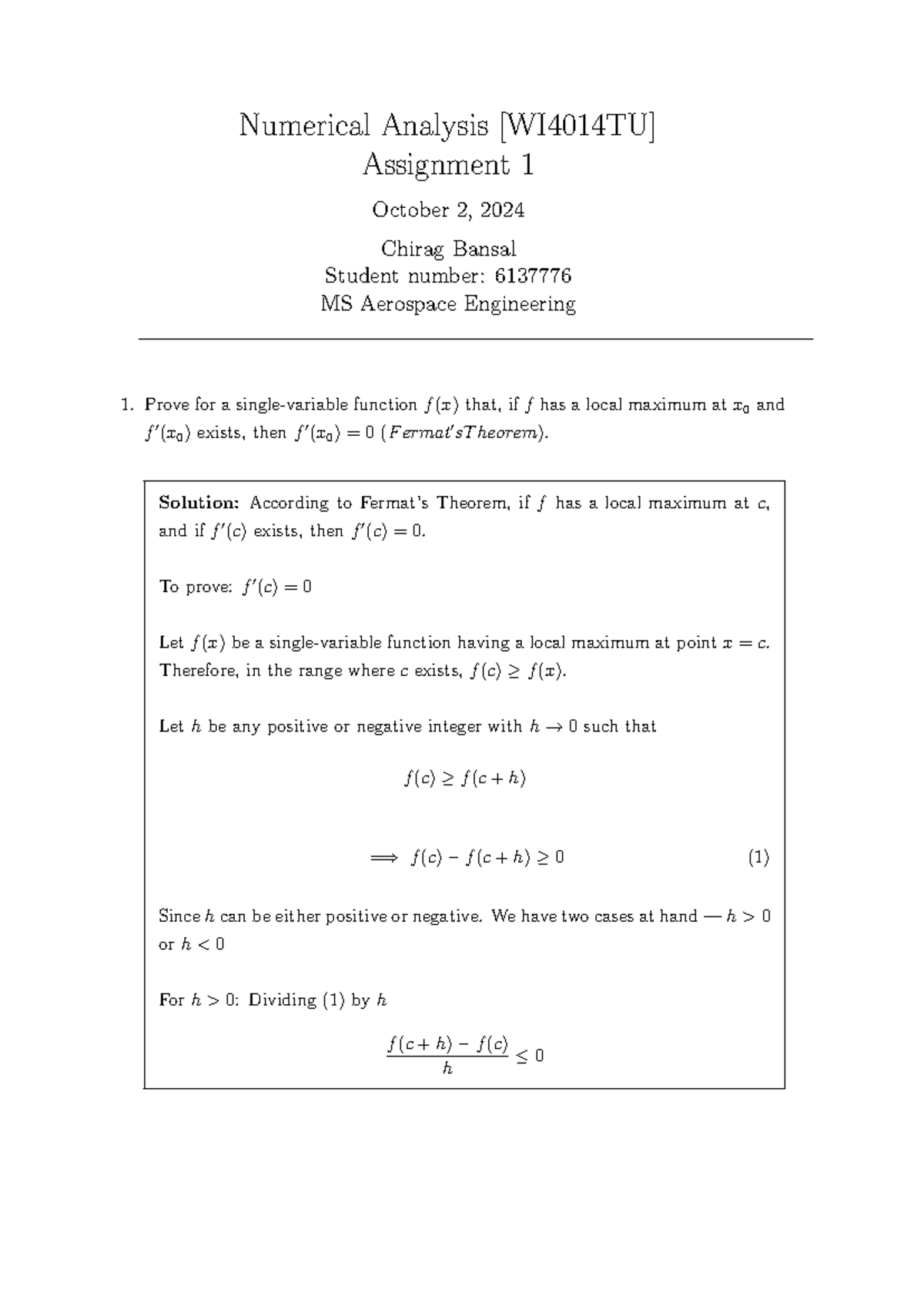 WI4014TU Numerical Analysis Assignment 1: Fermat's Theorems and Proofs - Studeersnel