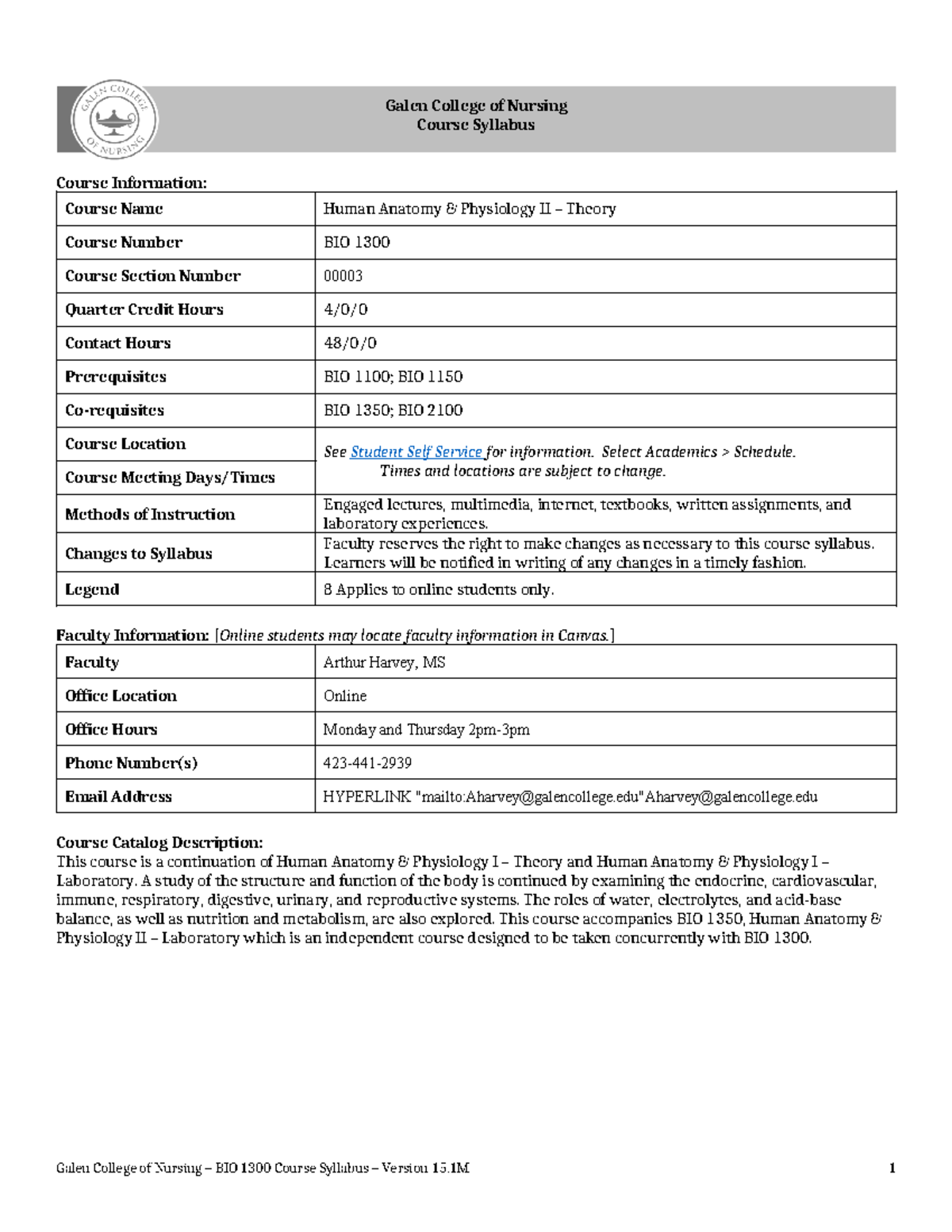 BIO 1300 Human Anatomy & Physiology II Course Syllabus Overview - Studocu