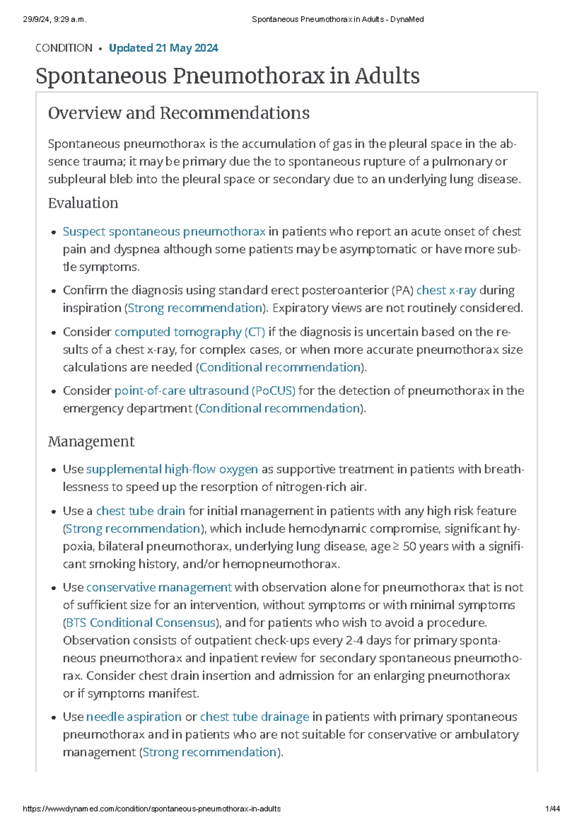 Spontaneous Pneumothorax in Adults: Overview & Management Guidelines ...
