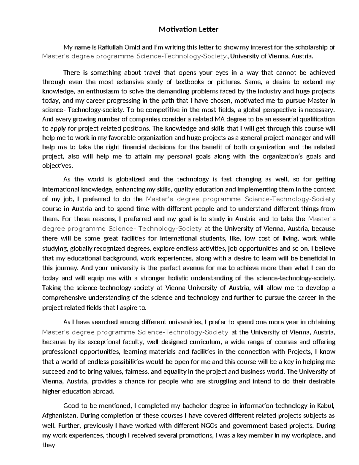 Motivation Letter for Master's Program in Science-Technology-Society ...