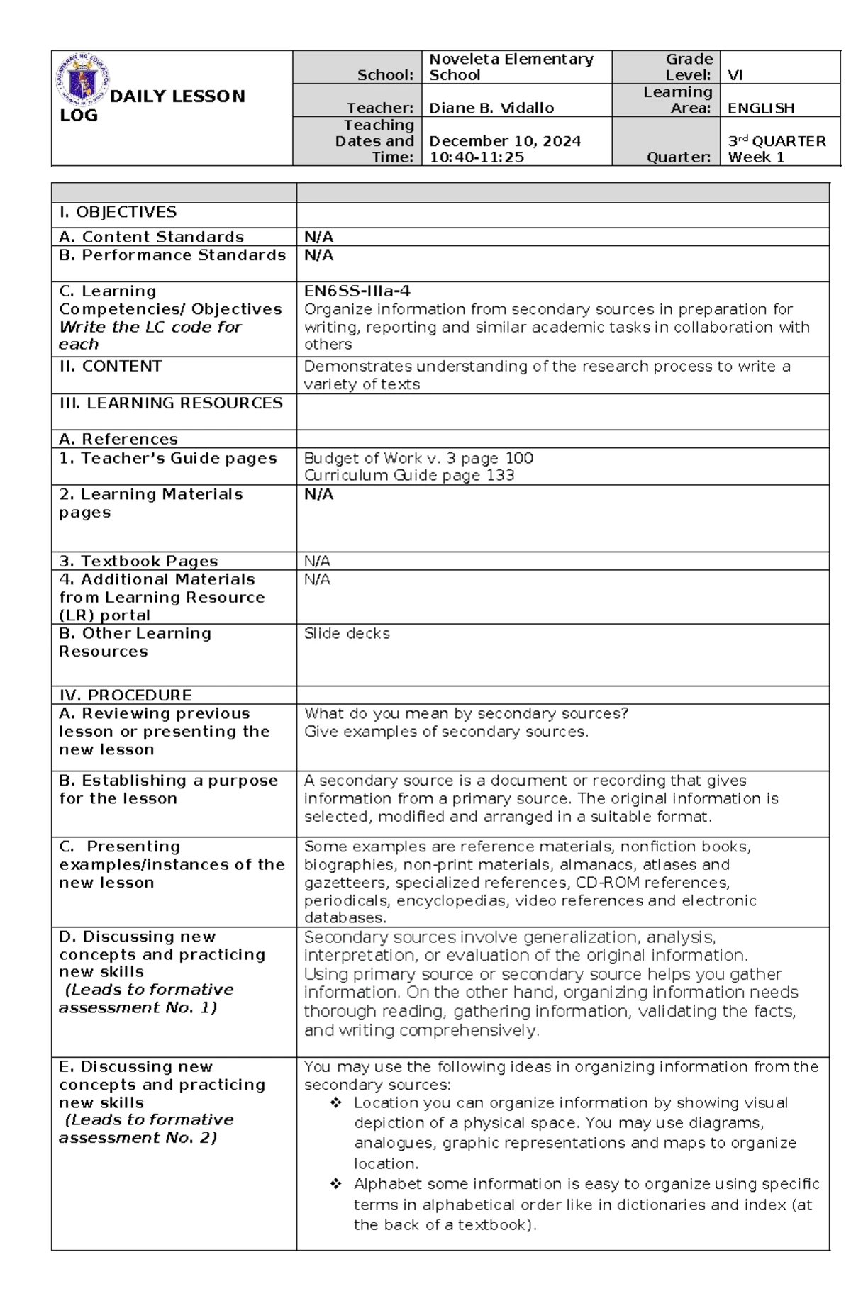 English-Q3-W1-Lesson 1: Organizing Info from Secondary Sources - Studocu