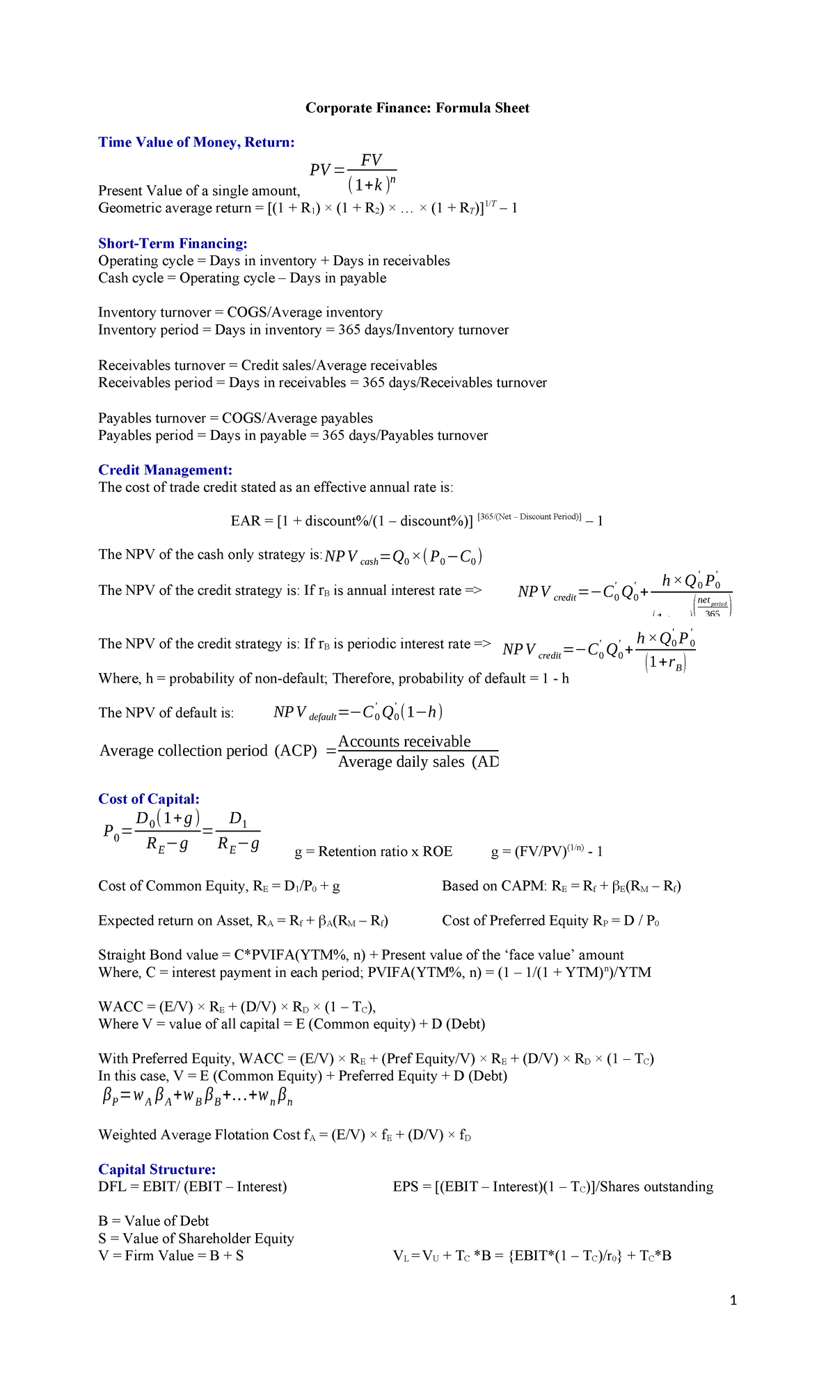 Corporate Finance (FIN 101): Formula Sheet for Time Value of Money ...