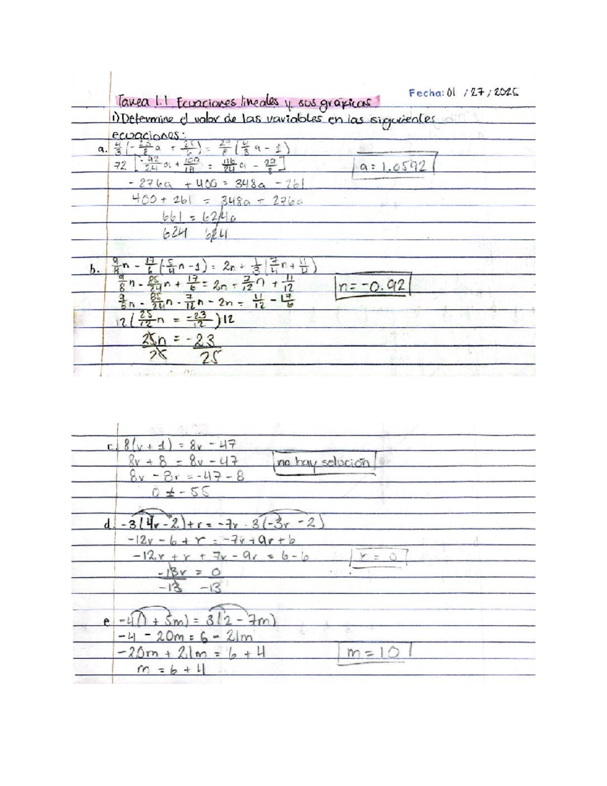 Tarea 1.1 ecuaciones lineales y gráficas - Fecha: 01 2025 Tavea 1 Ecuaciones lineales 4 sus ...