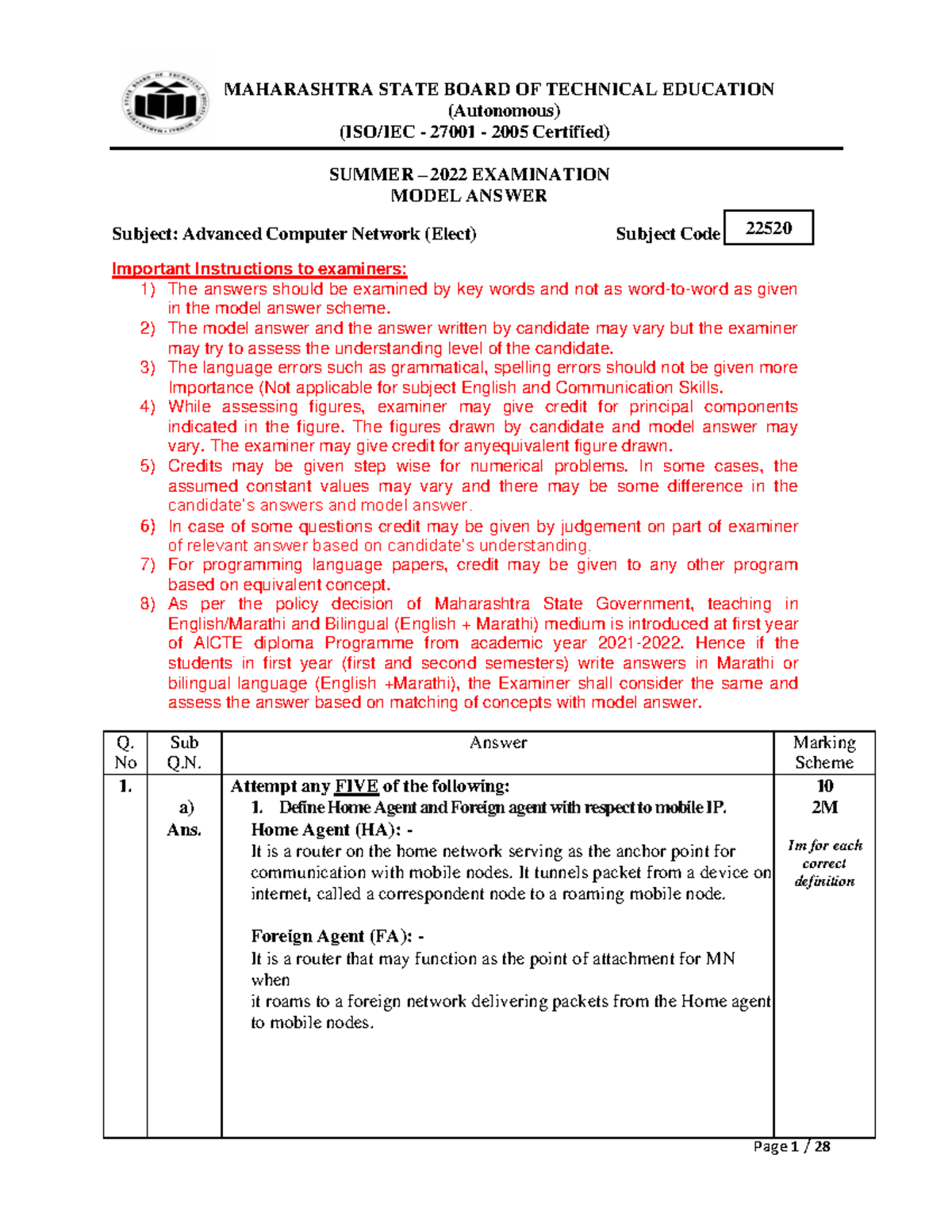 ACN AP 3 - ACN answer paper 3 - (Autonomous) (ISO/IEC - 27001 - 2005 Certified) : SUMMER – 2022 ...