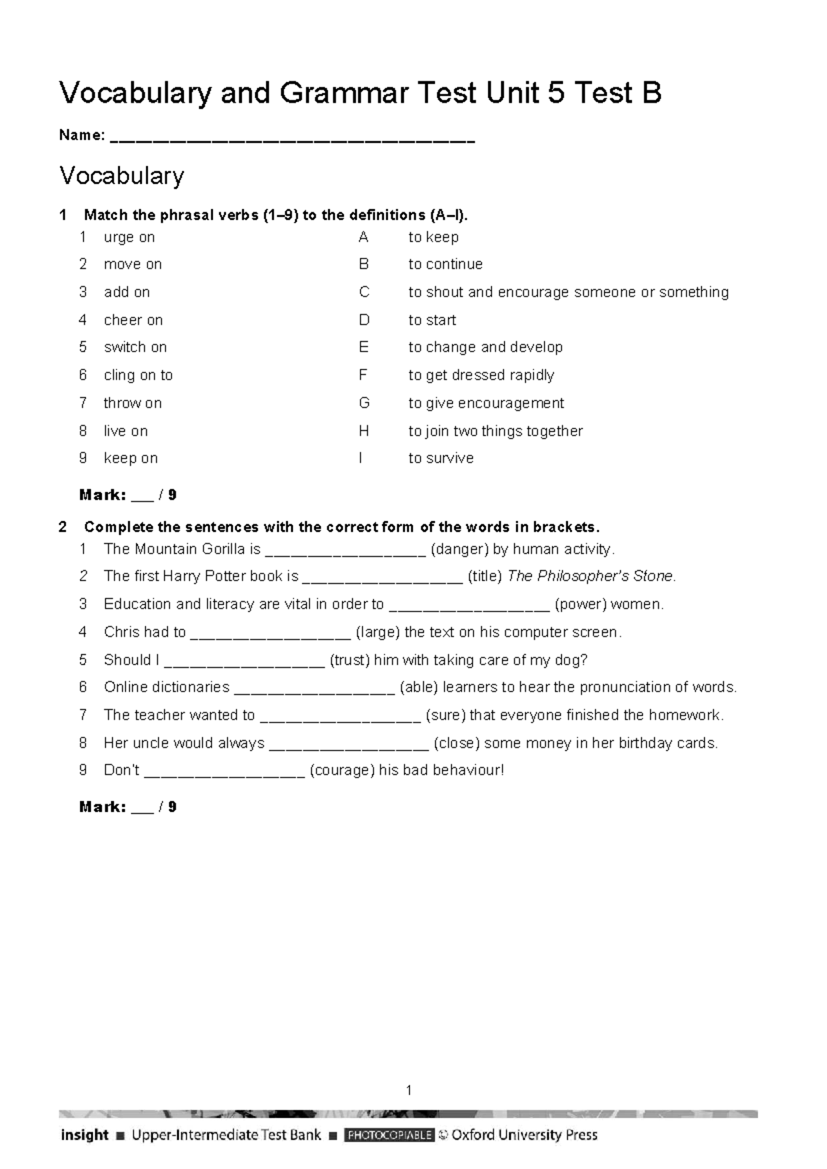 Vocabulary Grammar Test Unit 5 Test B - Vocabulary and Grammar Test ...