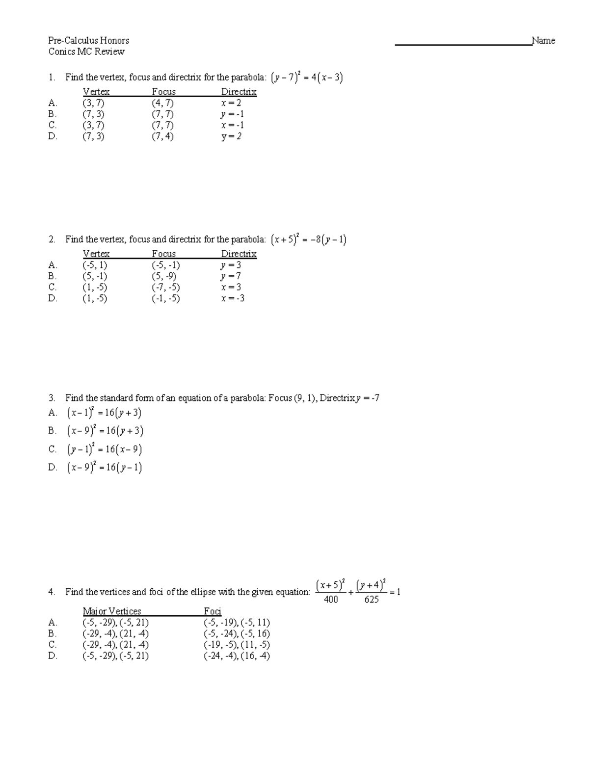 Math C30 Pre-Calculus Honors: Conics Multiple Choice Review - Pre ...