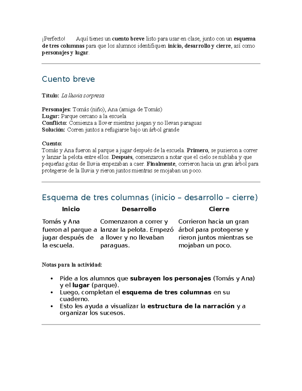 Cuento Breve y Esquema de Tres Columnas para Clase: La Lluvia Sorpresa ...