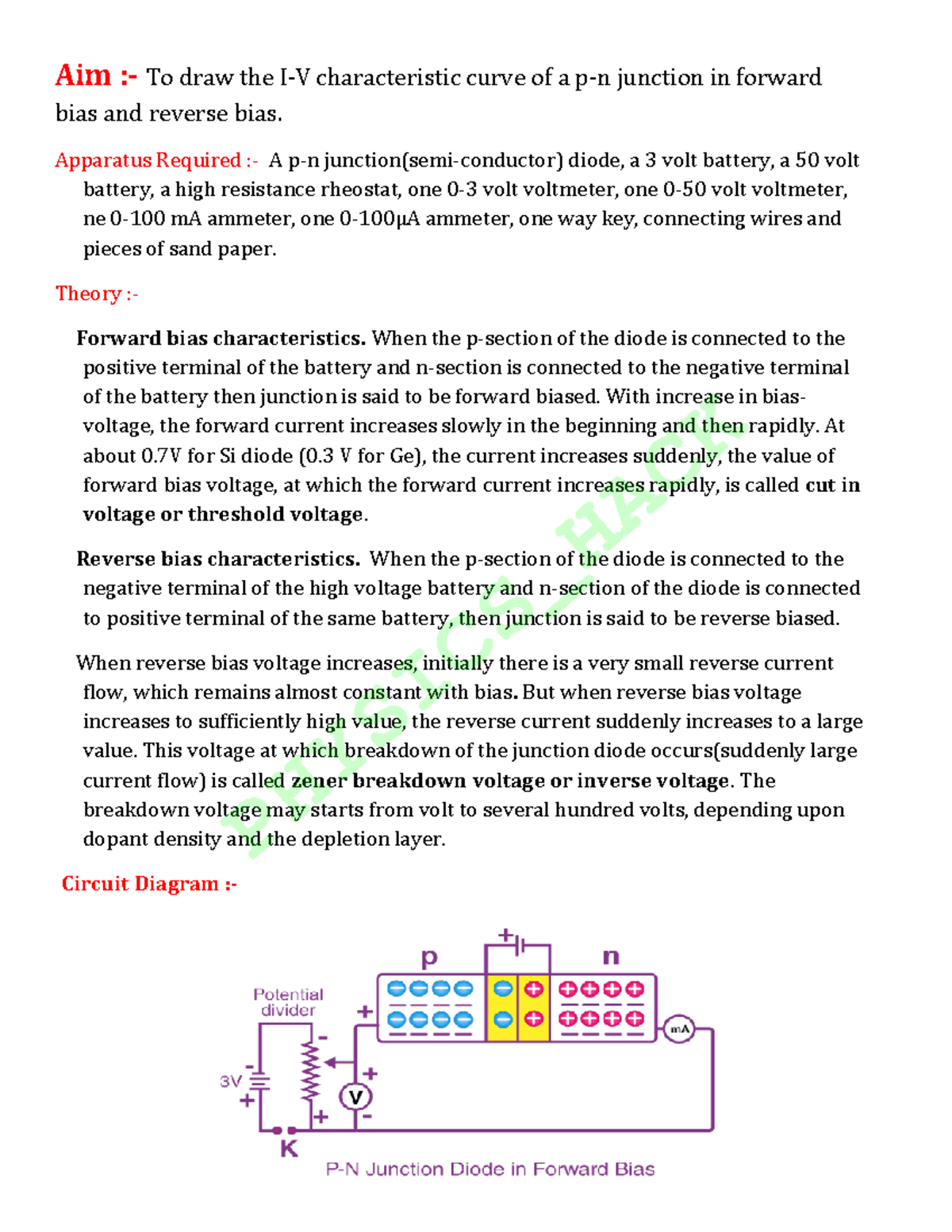 Characteristic Curve of P-N Diode in Forward & Reverse Bias (K C A H ...