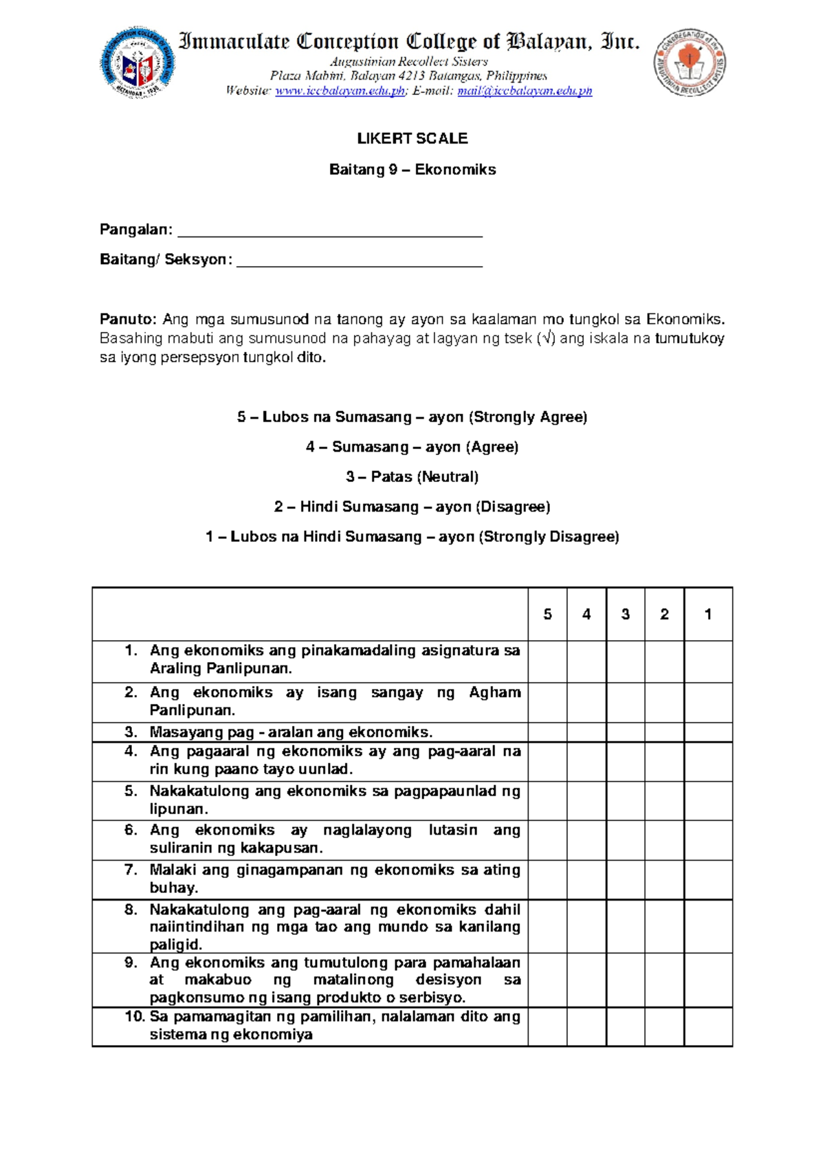 Likert Scale for Ekonomiks - Baitang 9 Assessment Tools - Studocu