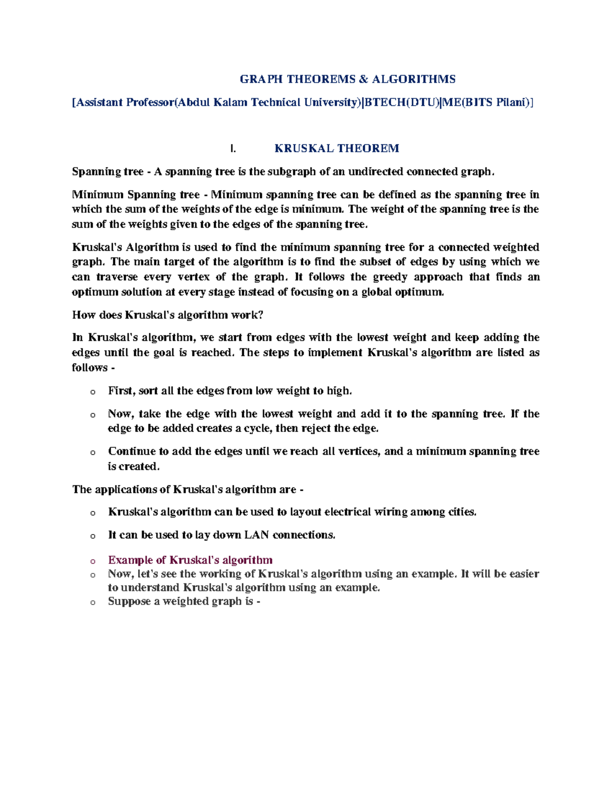 Graph theorems and algo - GRAPH THEOREMS & ALGORITHMS [Assistant ...