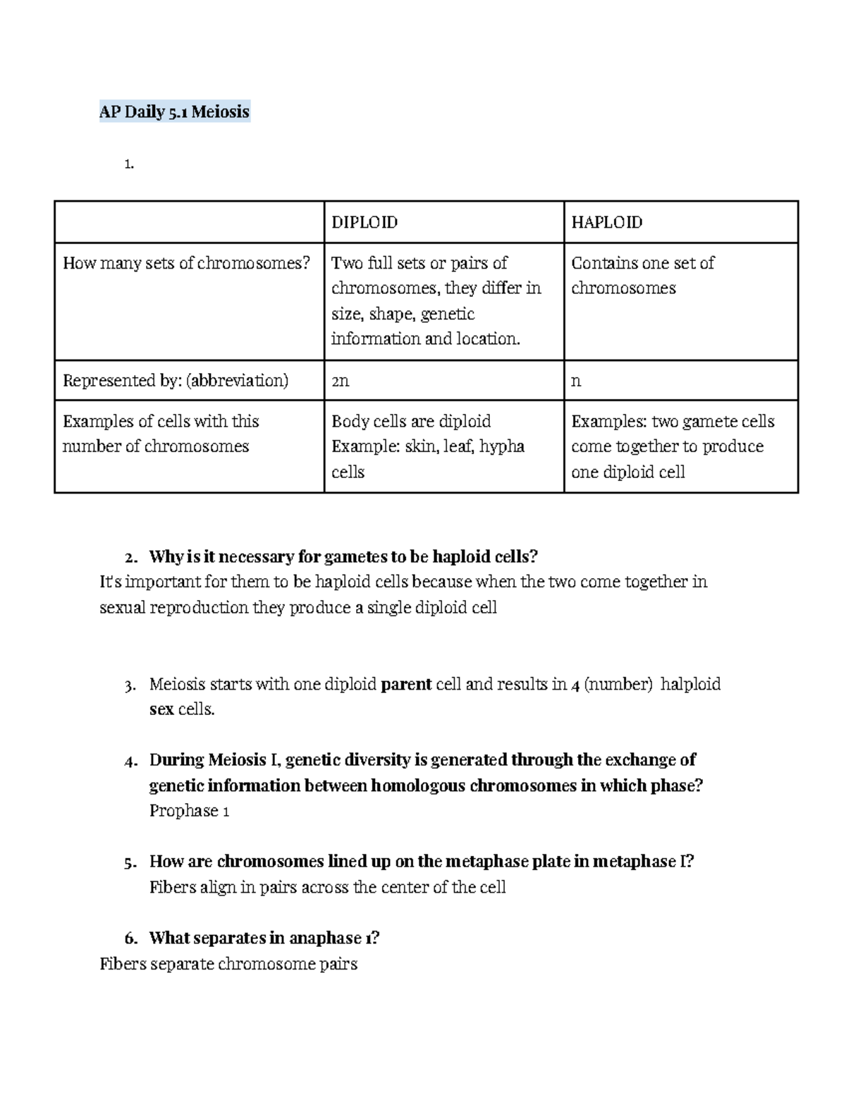 AP BIO Chapter 5: Meiosis AP Daily Video Notes - Studocu