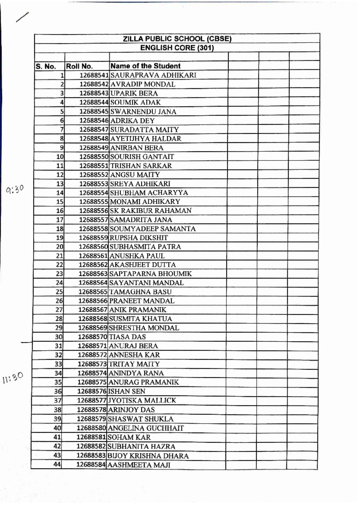 ZILLA PUBLIC SCHOOL (CBSE) ENGLISH CORE (301) Class XII Roll List 2025 ...