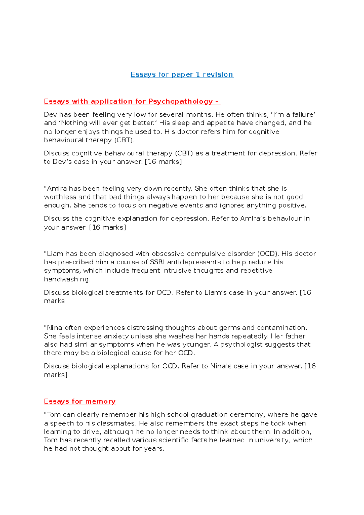 Essays for Paper 1 Revision: Psychopathology and Memory Insights - Studocu