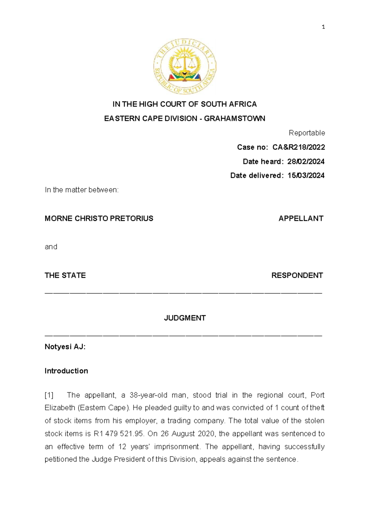 Pretorius v The State: Appeal Against Sentence in Theft Case ...