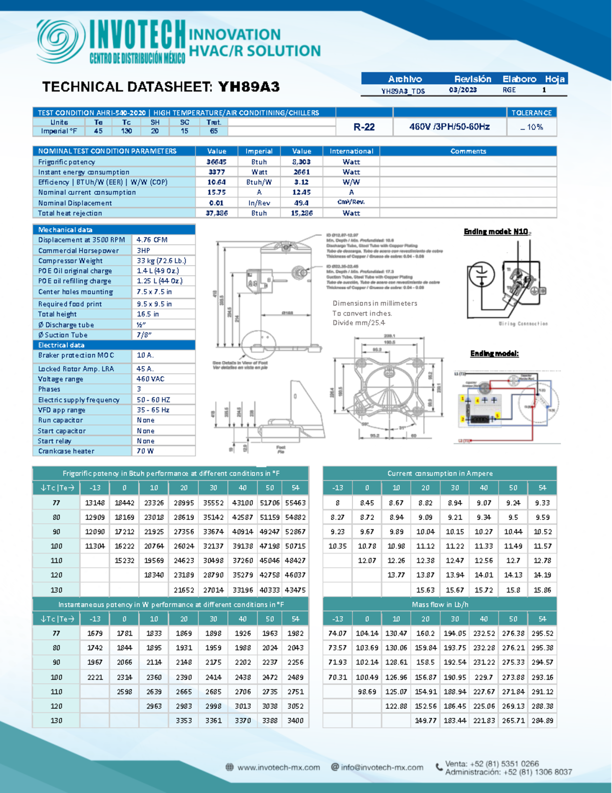YH89A3 Technical Datasheet: Refrigeration Test Conditions and ...