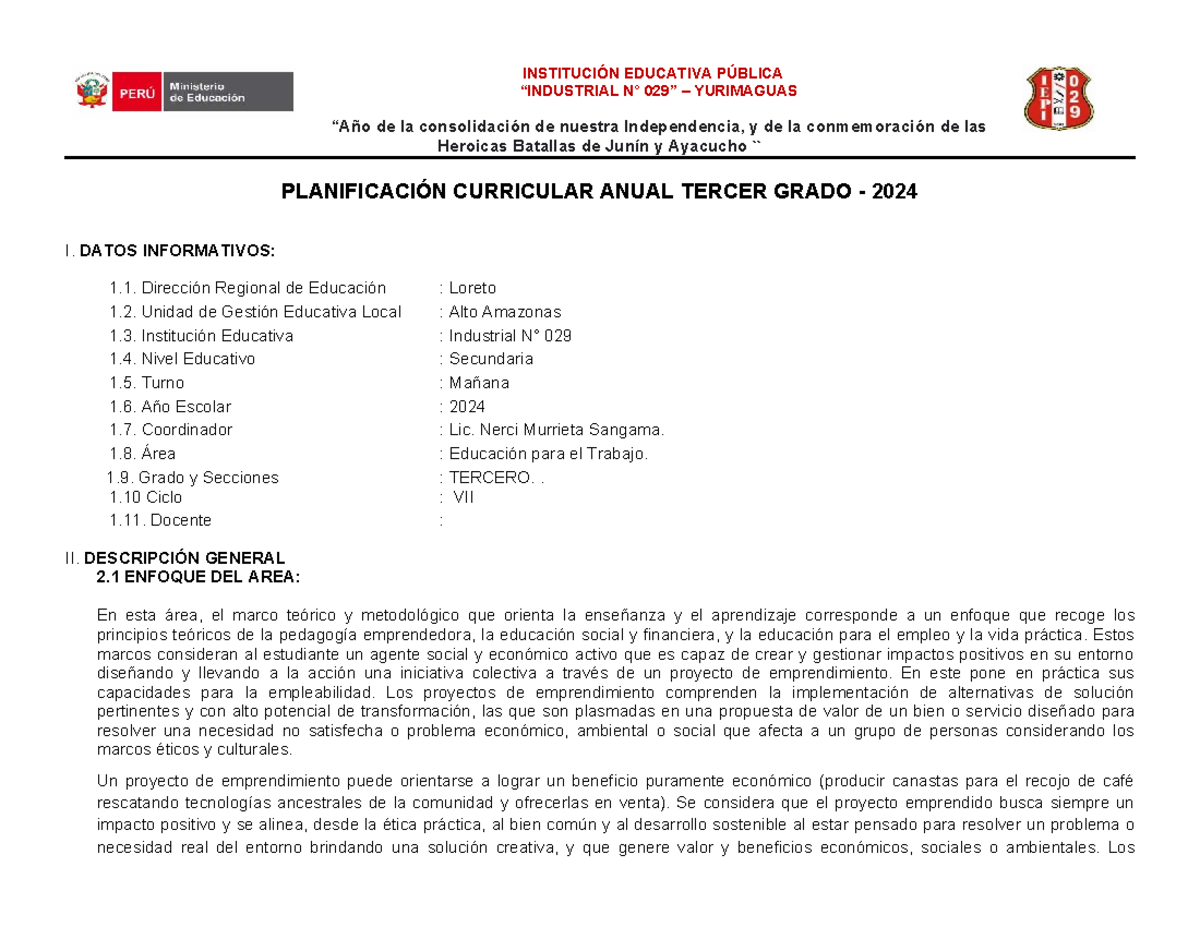 Planificación Anual Tercer Grado EPT- Formato- 2024 - INSTITUCIÓN EDUCATIVA PÚBLICA “INDUSTRIAL ...
