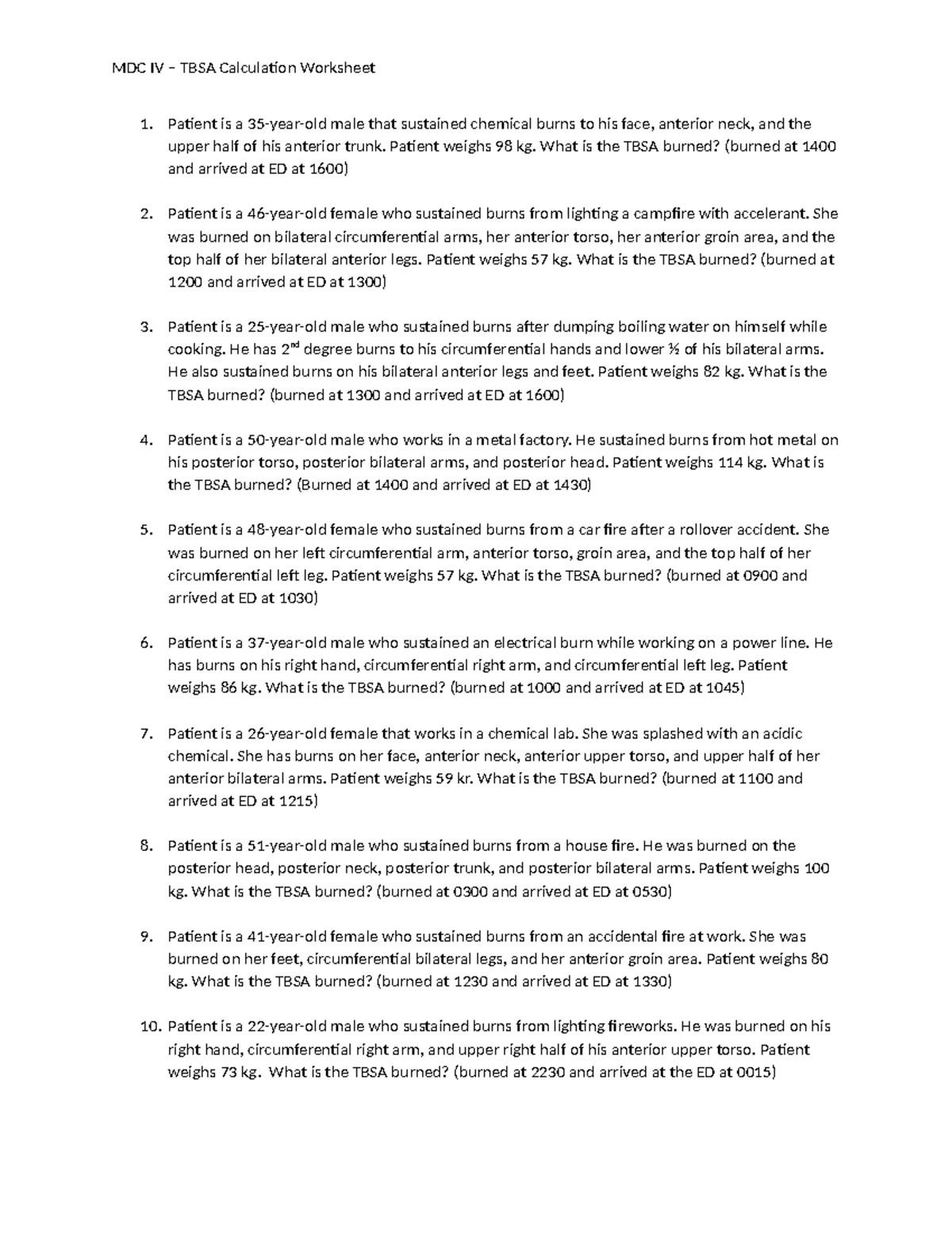 MDC IV - TBSA Calculation Worksheet for Burn Injury Assessment - Studocu