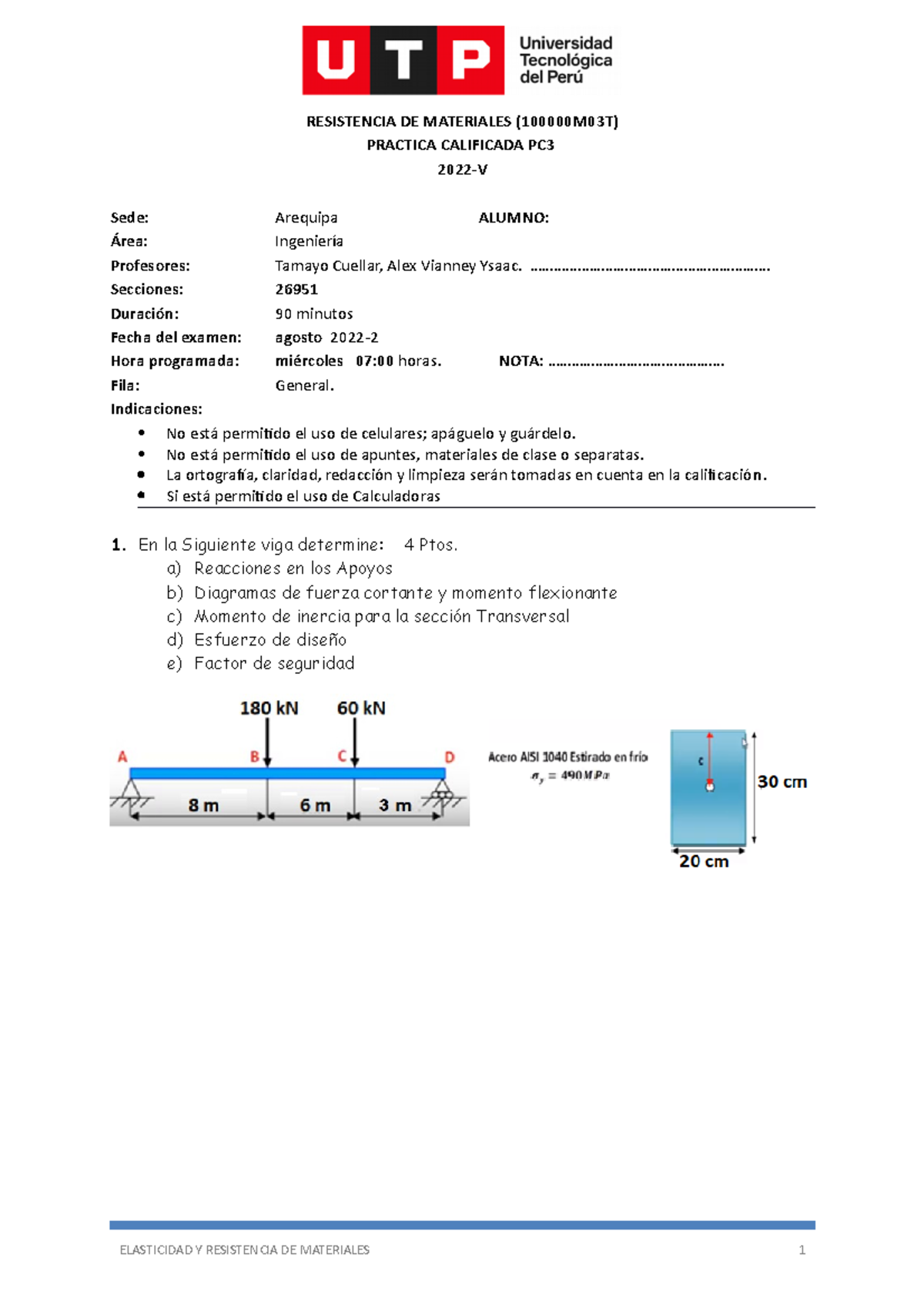 Práctica Calificada 100000M03T - Resistencia de Materiales 26951 - Studocu
