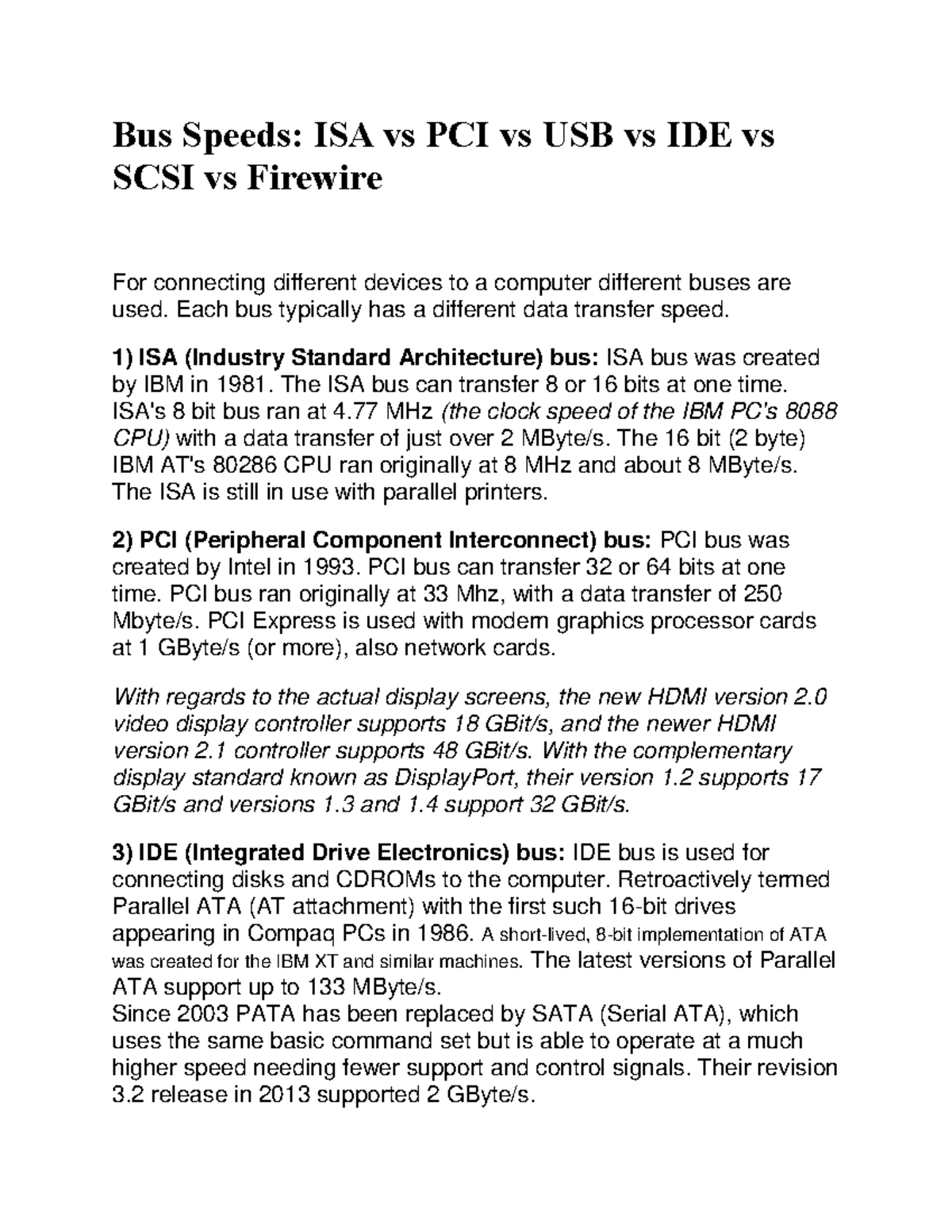 Bus Speeds Comparison: ISA, PCI, USB, IDE, SCSI, and Firewire - Studocu