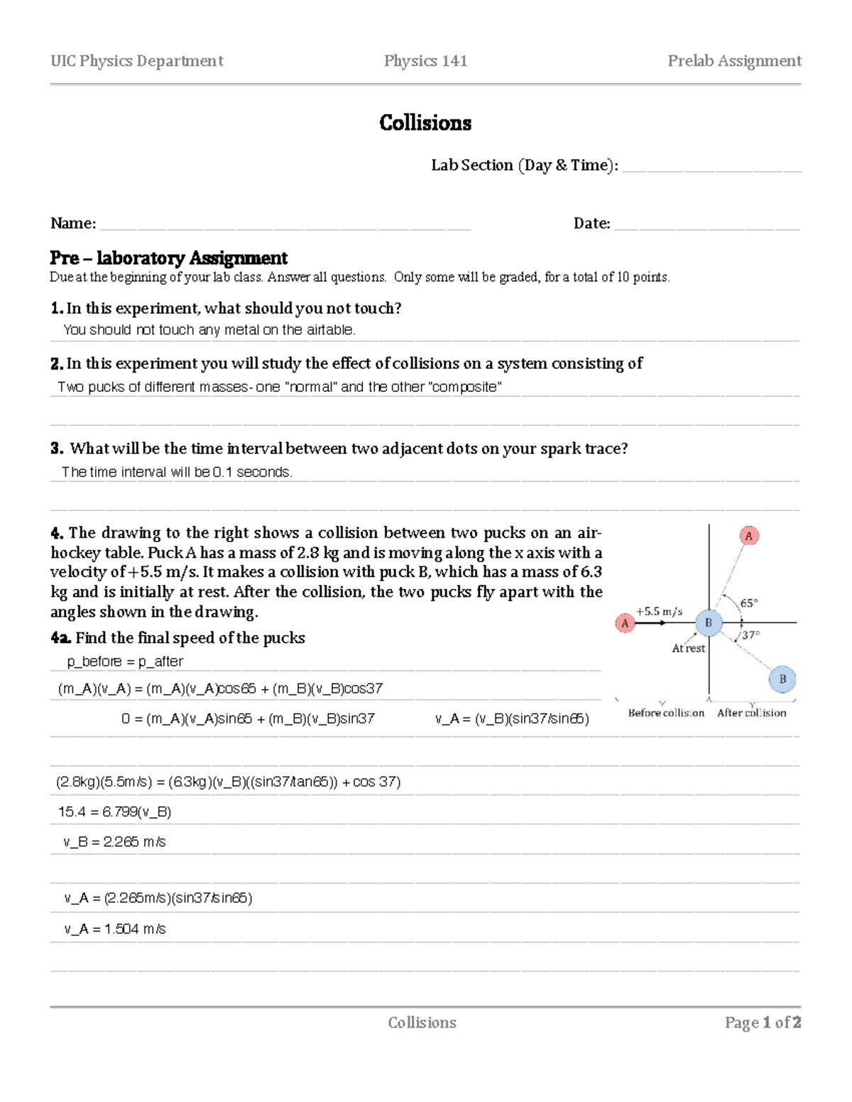 PHYS141 - Prelab 7: Understanding Collisions in Experiments - Studocu
