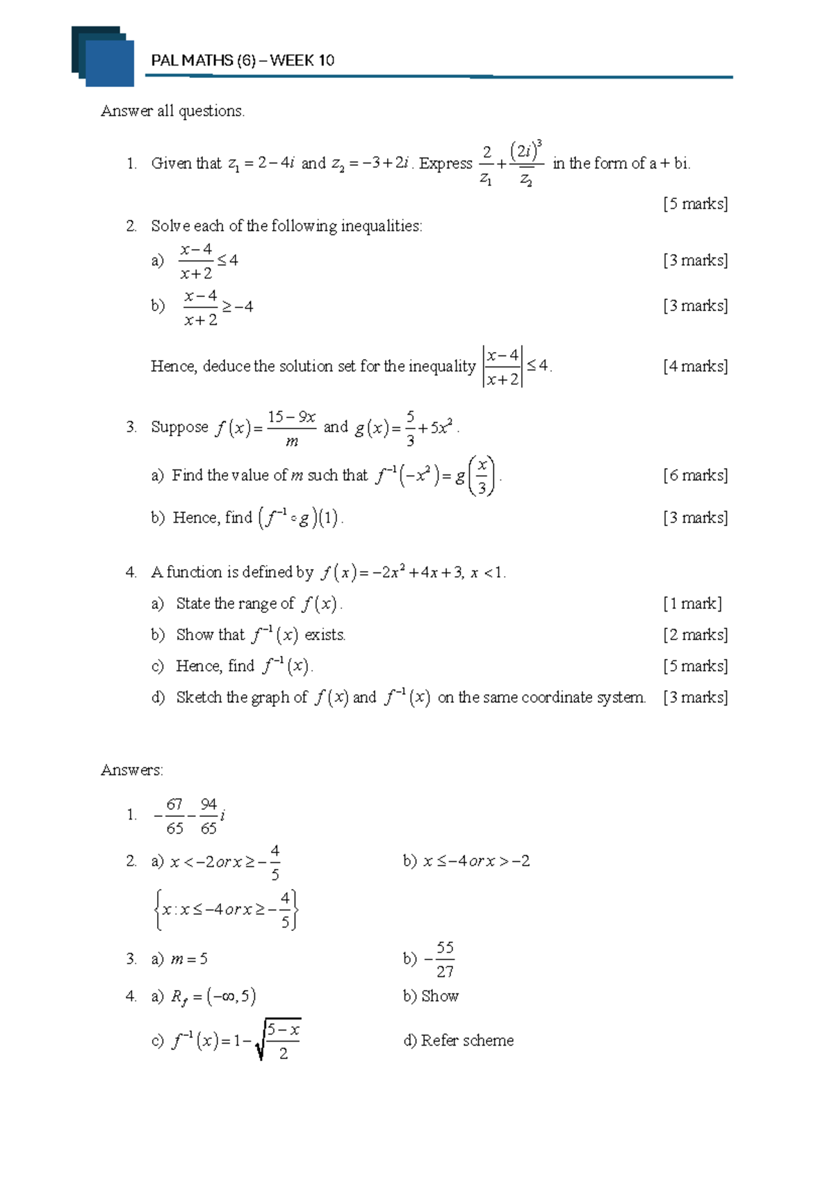 PAL MATHS (6) WEEK 10 - Complete Solutions and Answers - Studocu
