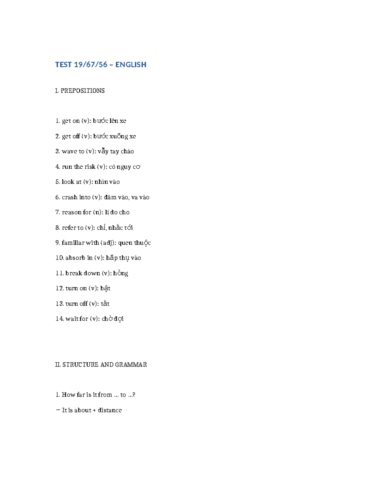 TEST ENGLISH I: PREPOSITIONS & GRAMMAR EXERCISES - Studocu