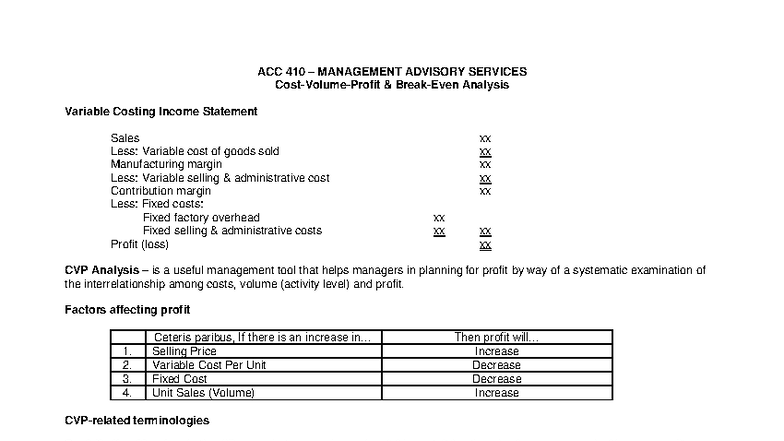 ACC 410 MANAGEMENT ADVISORY SERVICES: CVP Analysis and Costing Insights ...