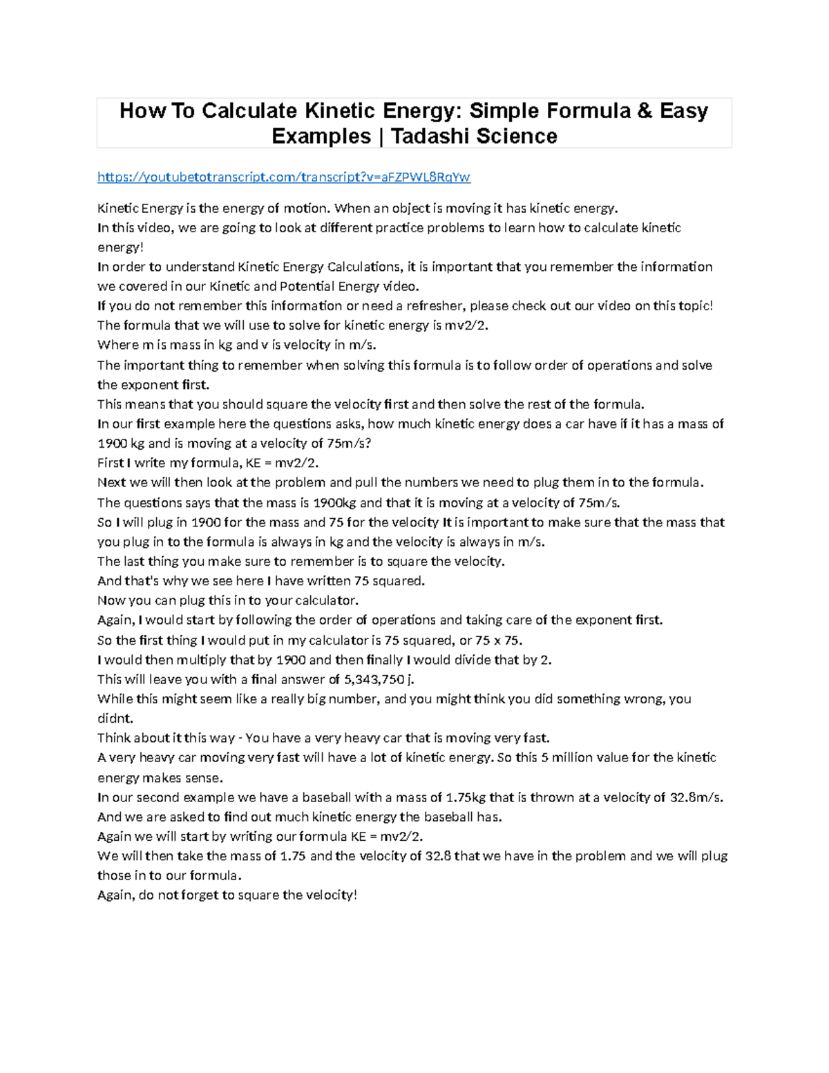 Kinetic Energy Calculation Guide: Simple Formula & Examples - Studocu