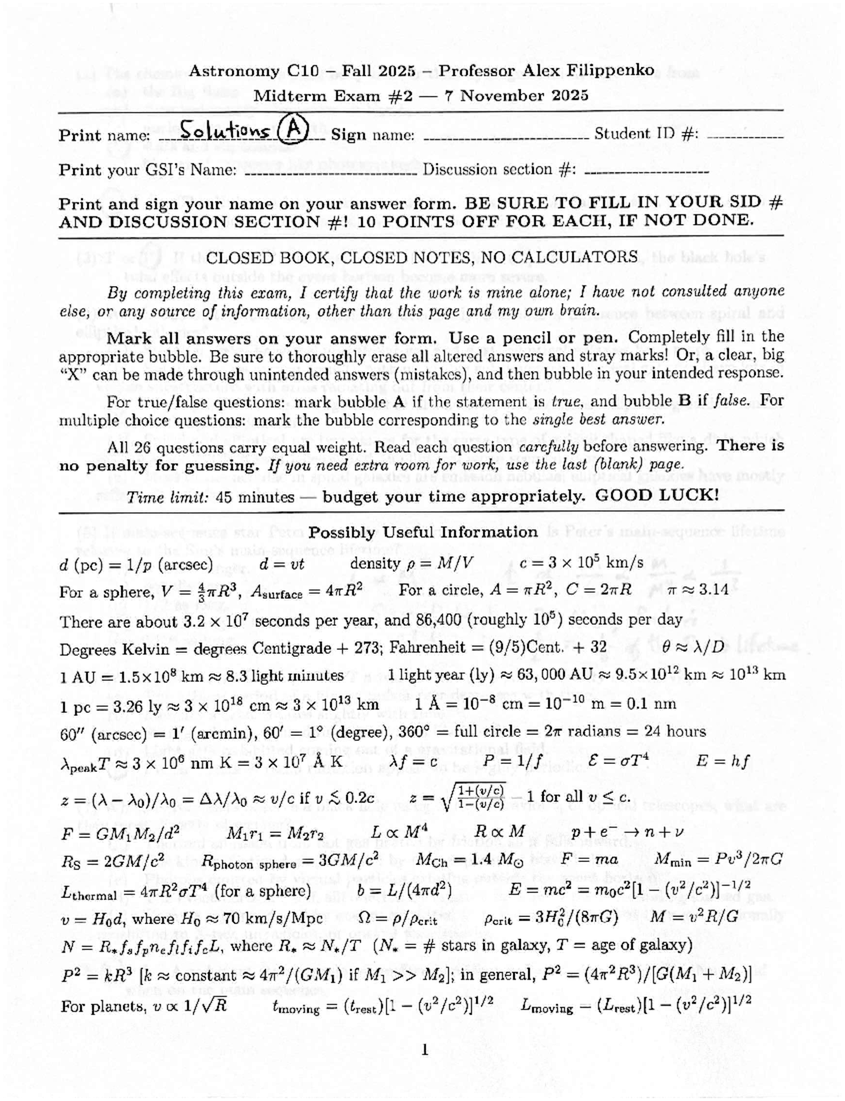 Astro C10 Fall 2025 Midterm Exam 2A Solutions - Studocu