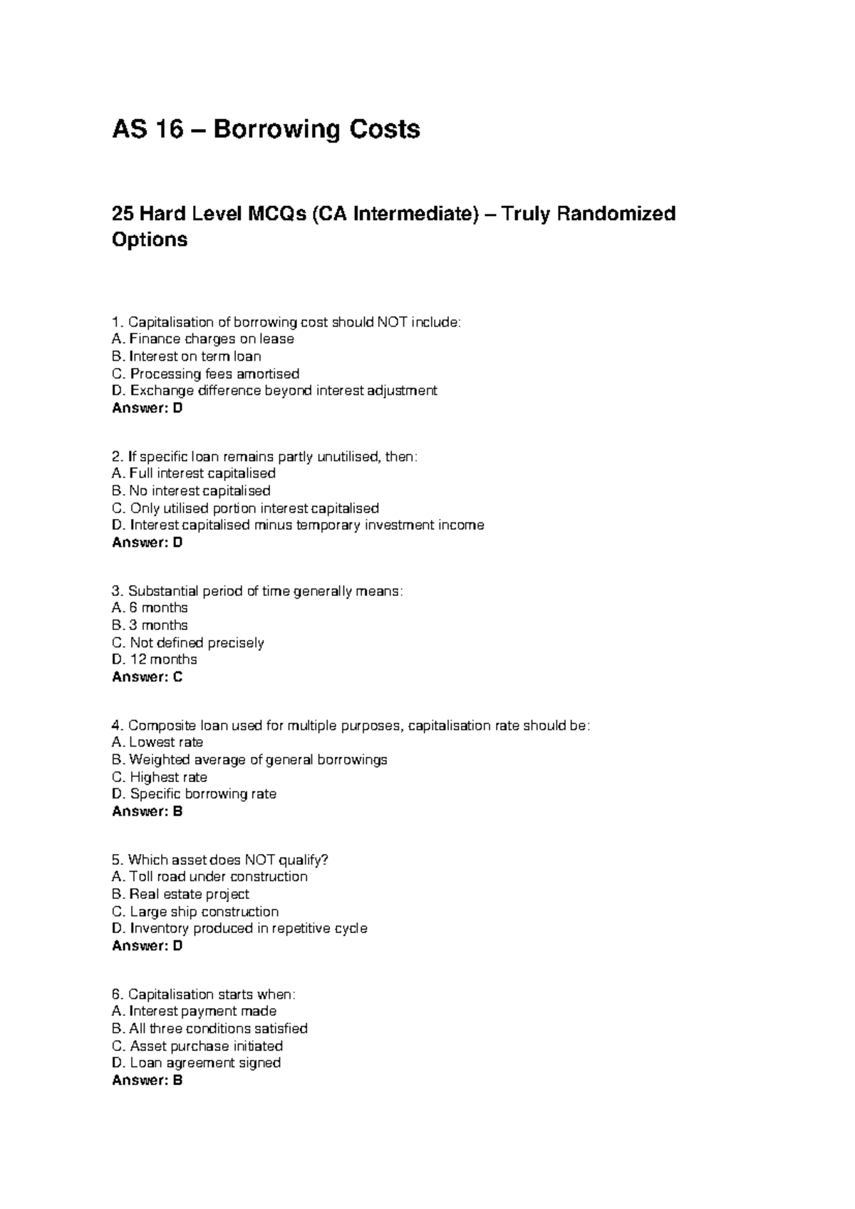 AS 16 Borrowing Costs: 25 Hard MCQs for CA Intermediate Exam - Studocu