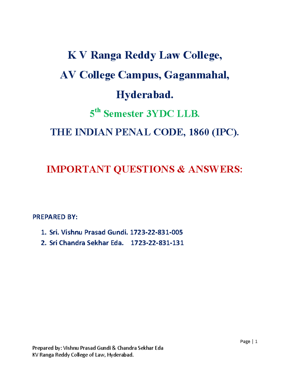 KV Ranga Reddy Law College 5th Sem LLB CPC 1908 Important Q&A Notes ...