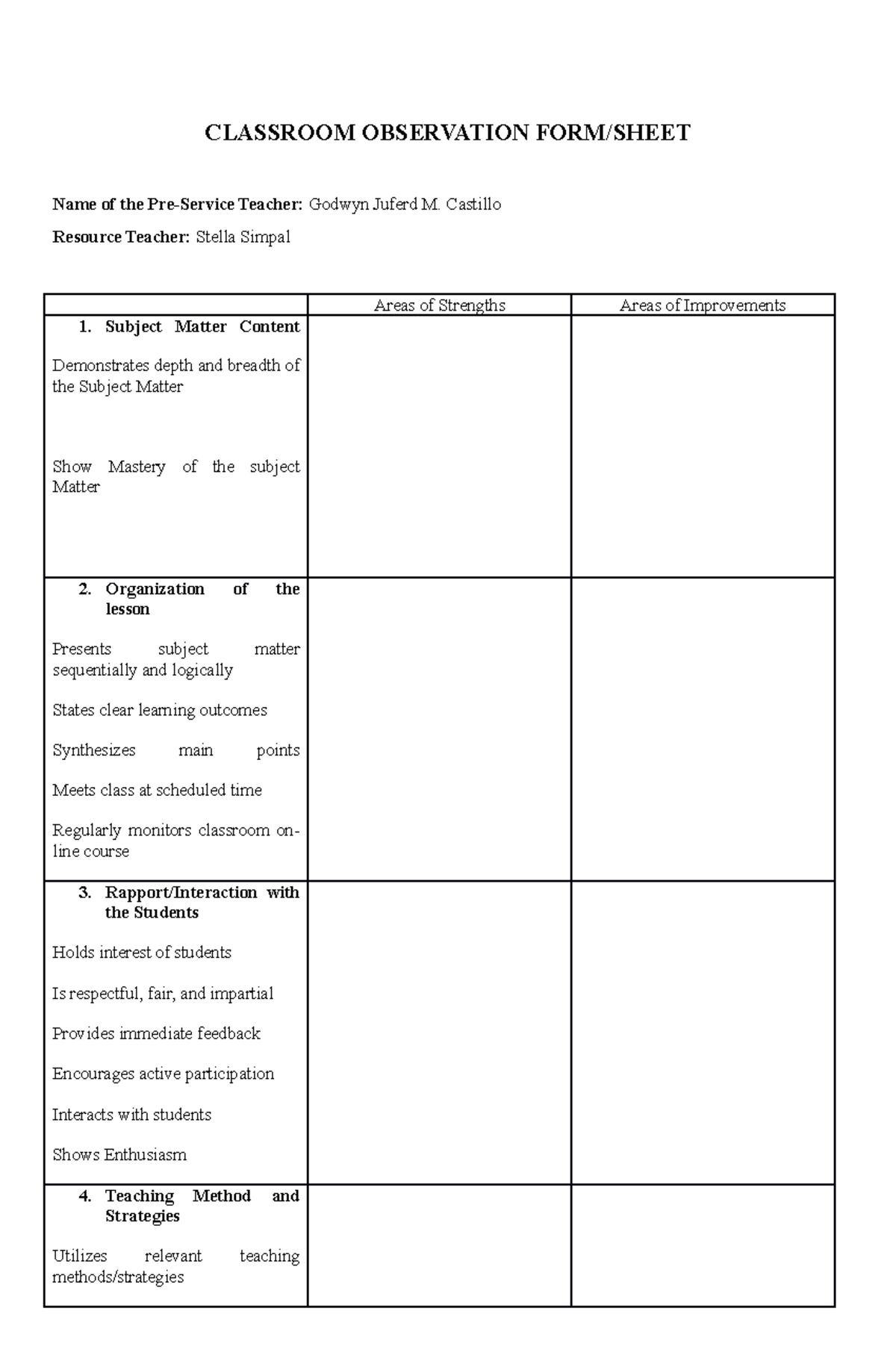 Classroom- Observation-FORM - CLASSROOM OBSERVATION FORM/SHEET Name of ...