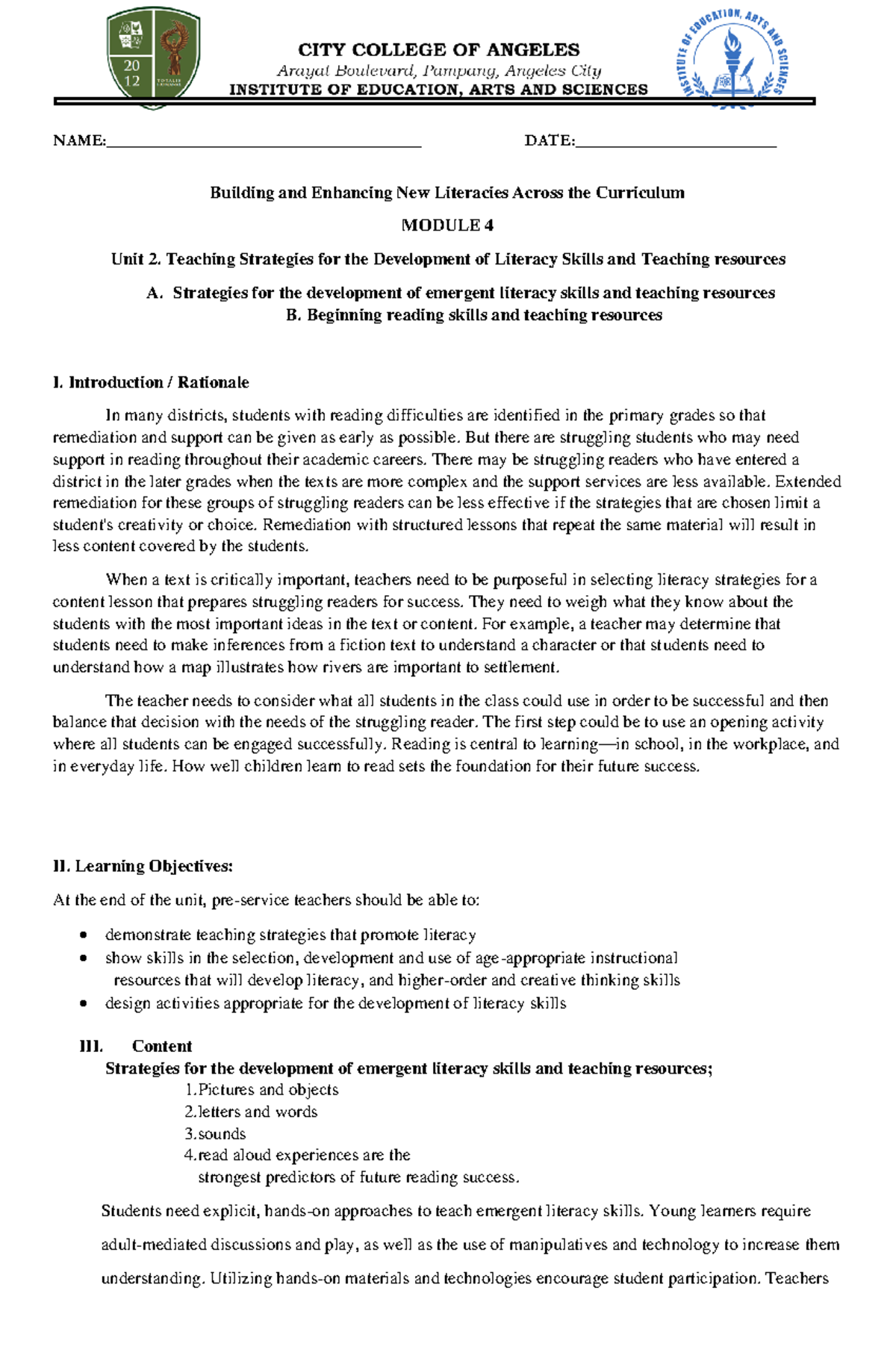 Module 4 Strategies for the development of emergent literacy skills ...