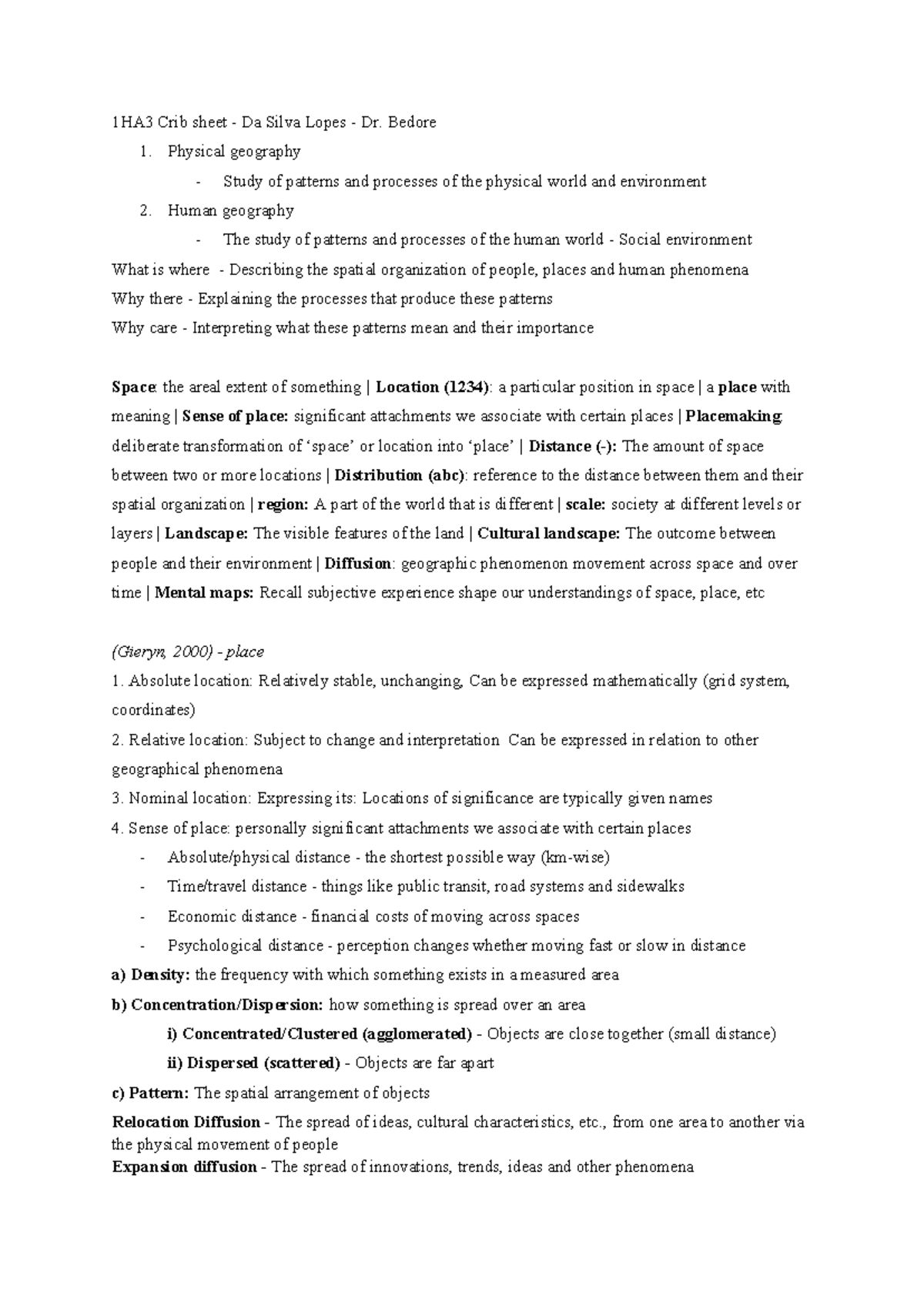 1HA3 Crib Sheet #1: Physical & Human Geography Concepts - Studocu