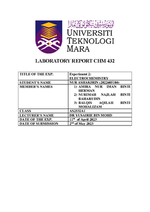 CHM421 Exp 1 - LABORATORY REPORT CHM 421 TITLE OF THE EXP. Experiment 1 ...