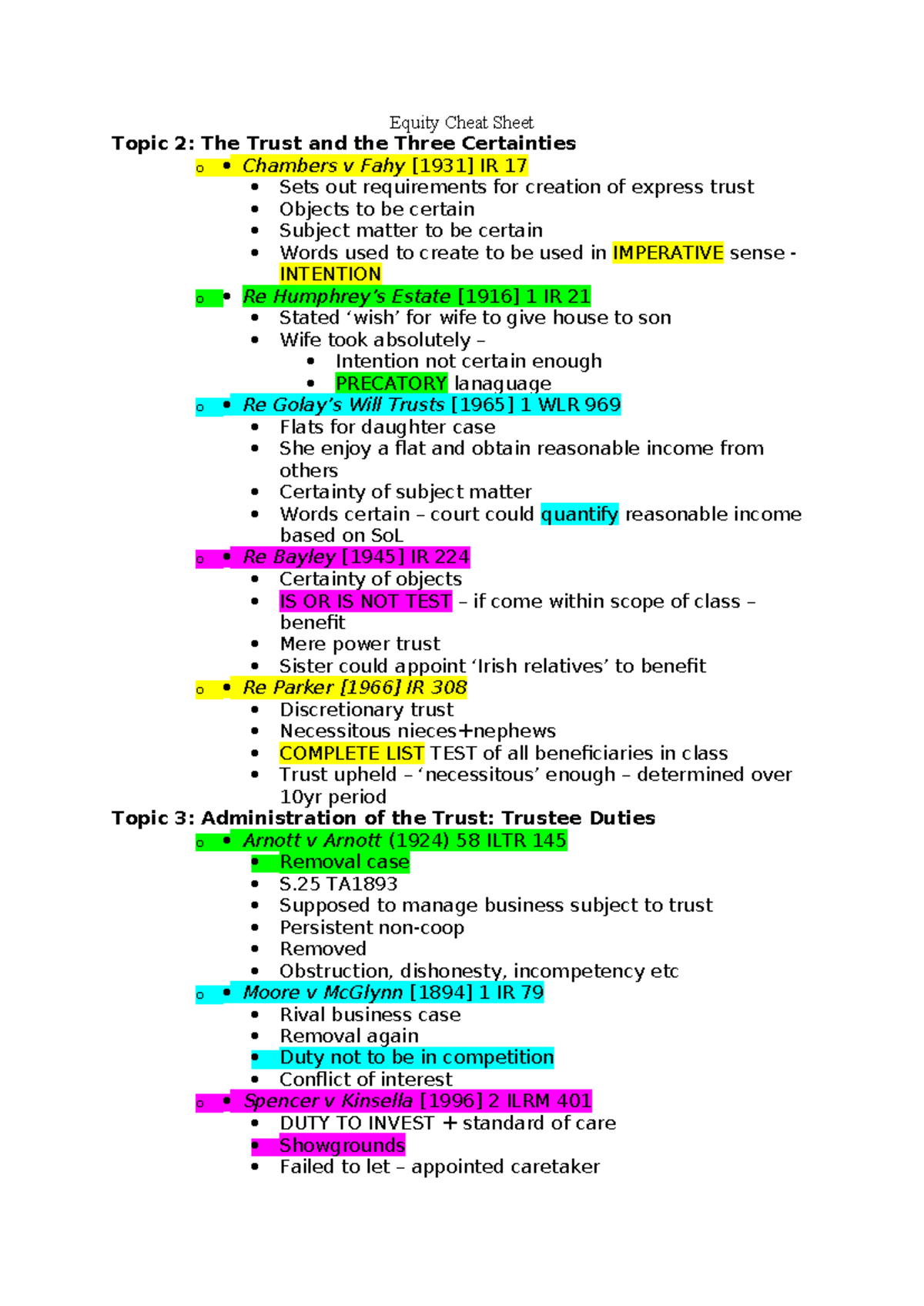 Equity Cheat Sheet: Trusts, Trustee Duties & Liabilities - Year 3 Sem 1 ...