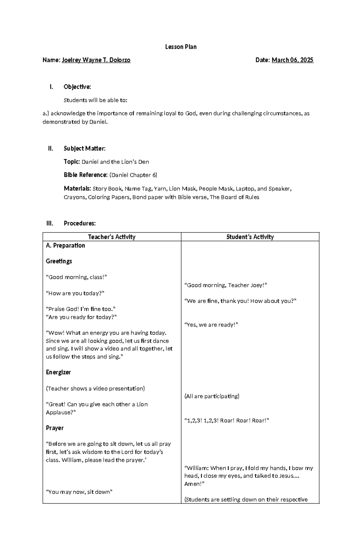 Lesson Plan - Copy1 - Lesson Plan Name: Joelrey Wayne T. Dolorzo Date ...