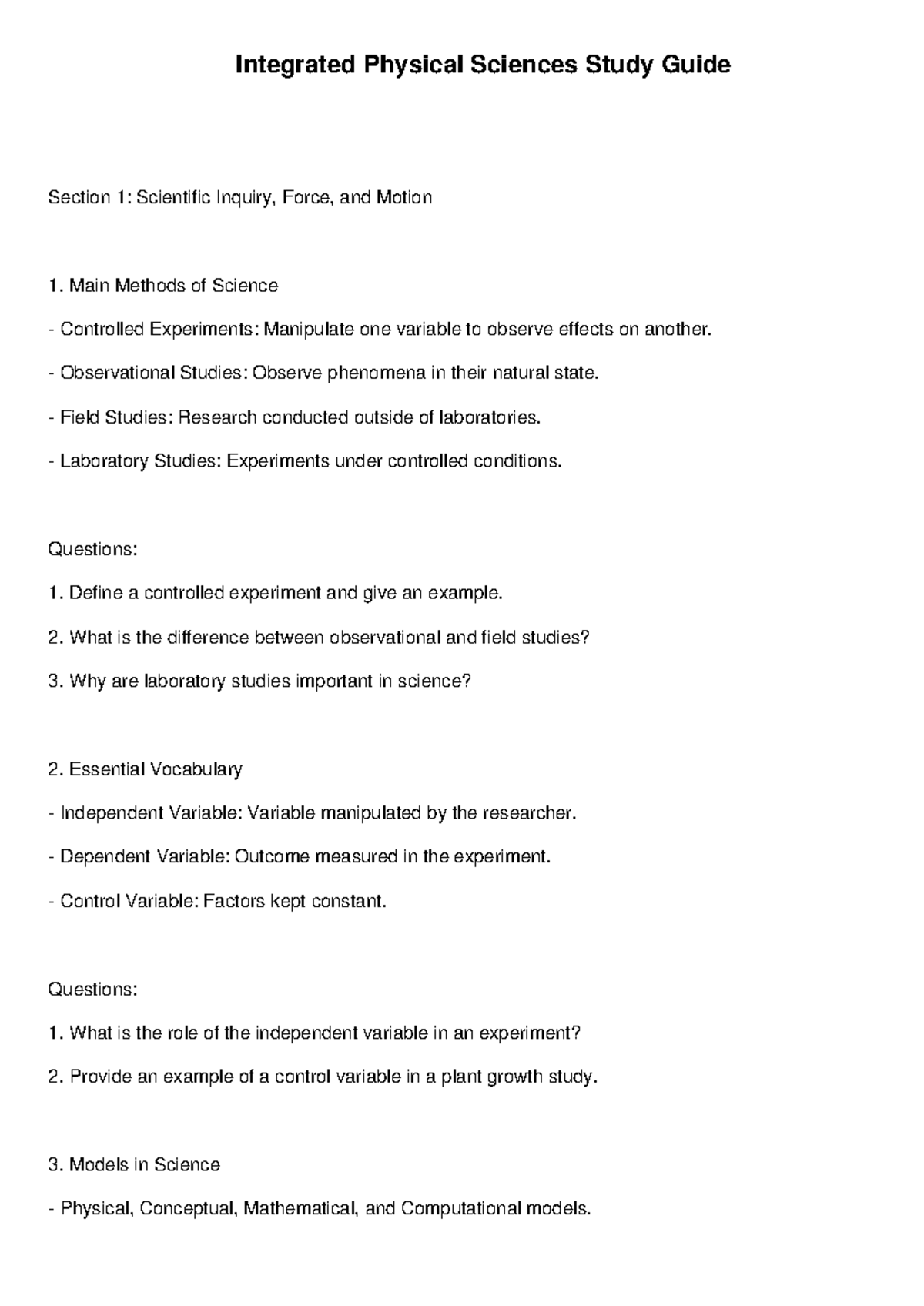 Integrated Physical Sciences Study Guide (Final Exam) - Integrated ...