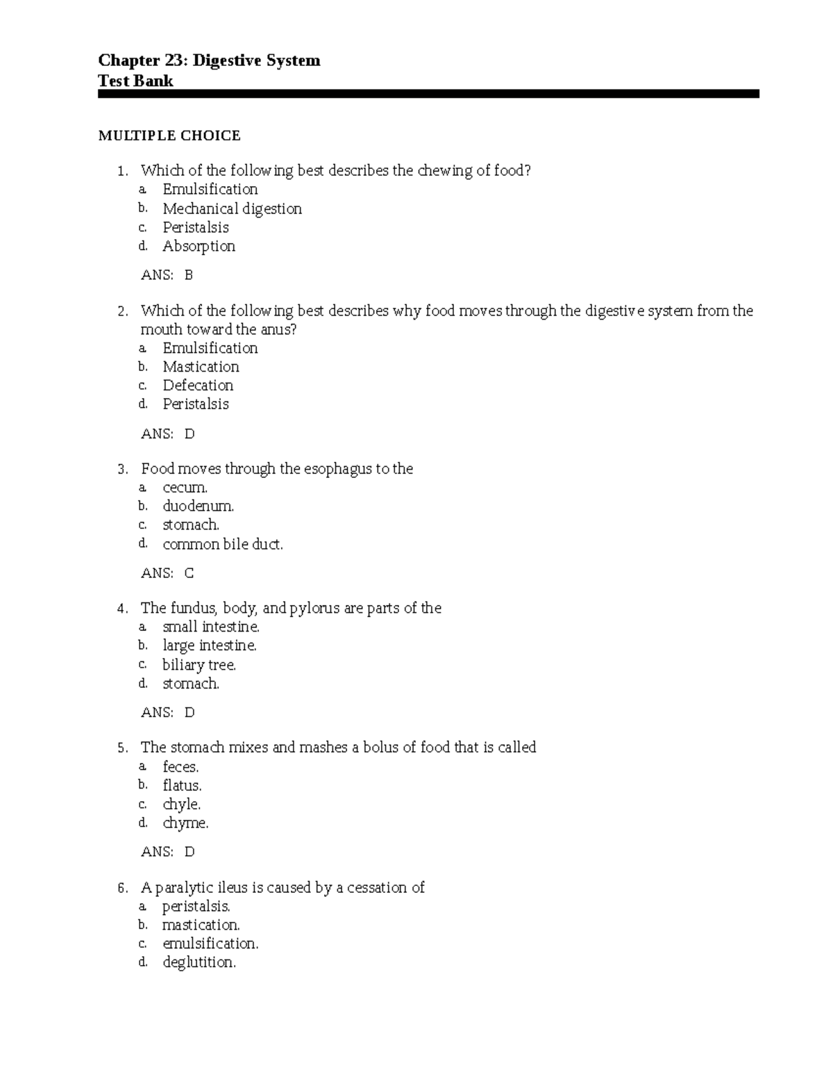 Chapter 23 digestive - Chapter 23: Digestive System Test Bank MULTIPLE ...