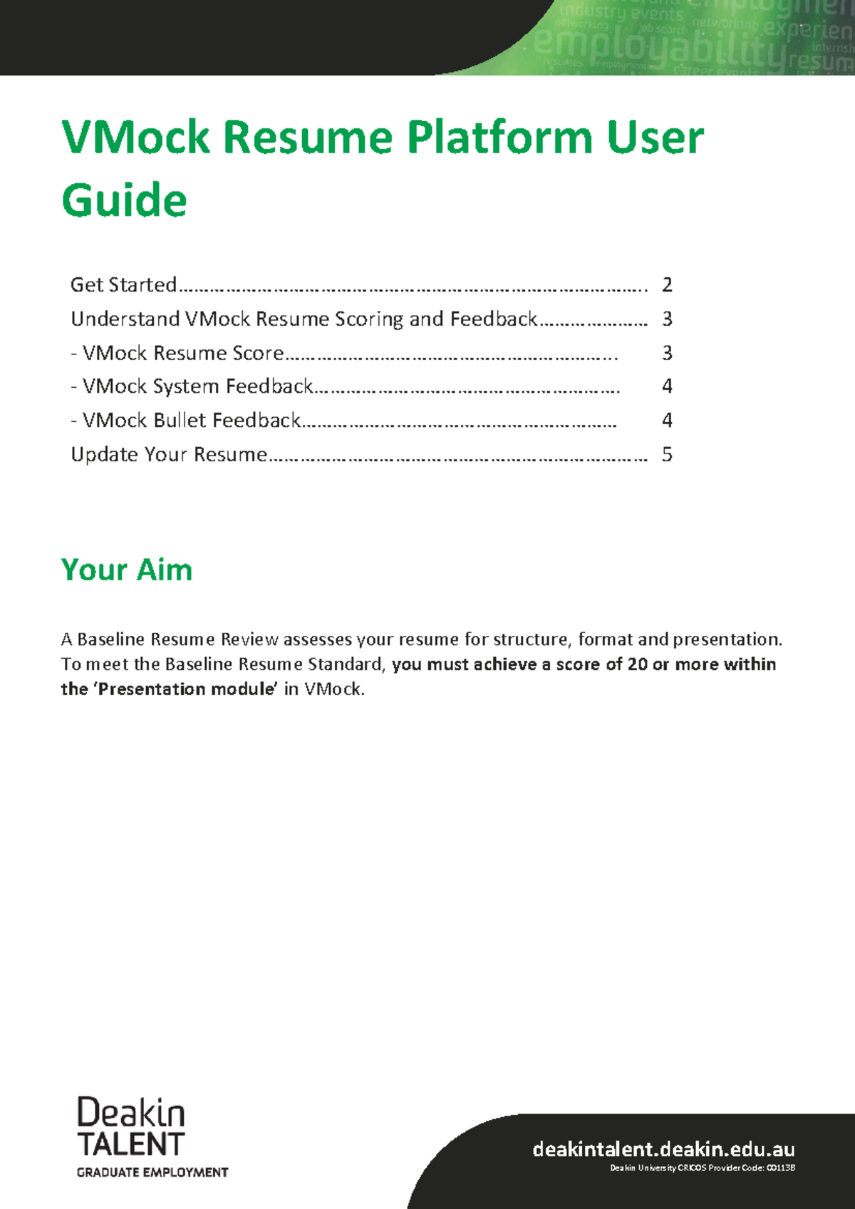 VMock Resume Platform User Guide: Achieve Baseline Standard - Studocu
